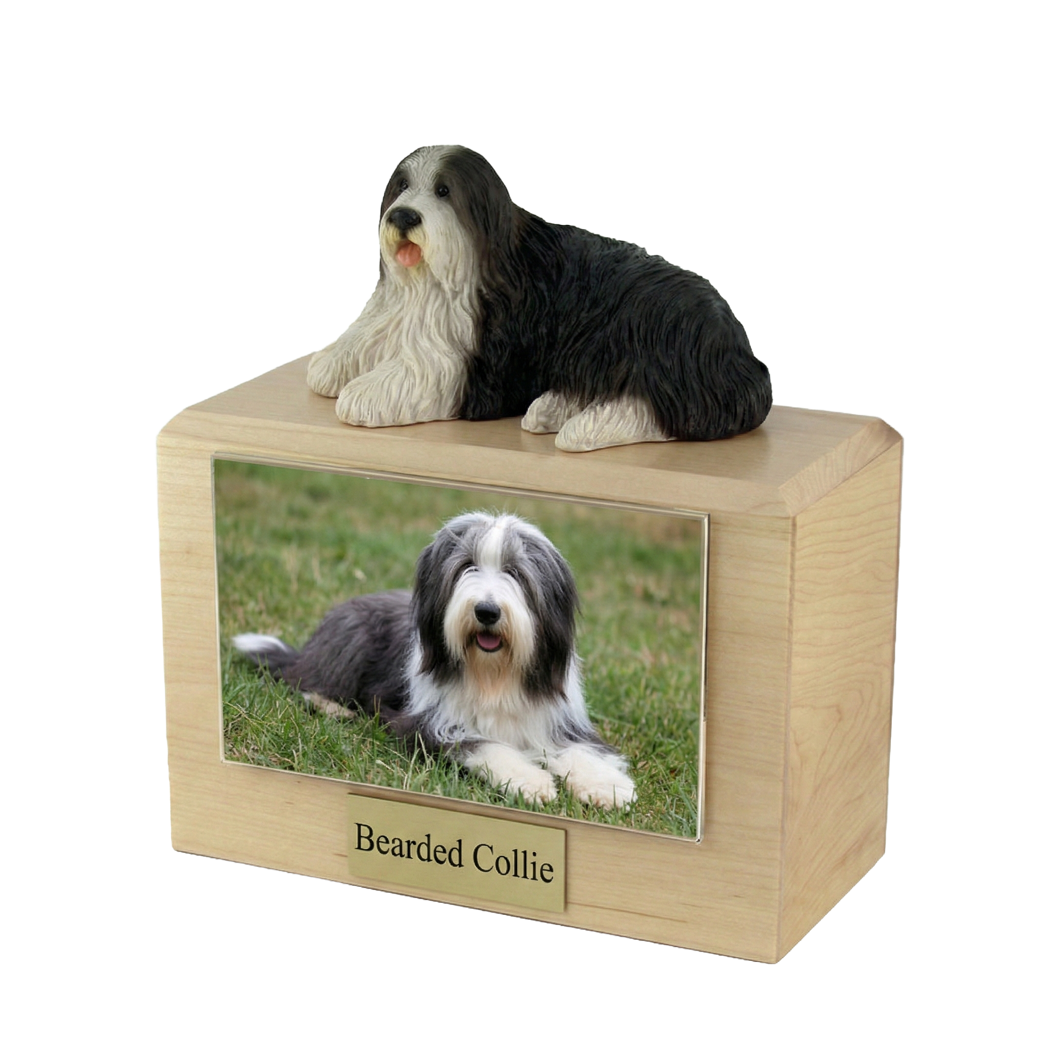 Wooden Pet Urn w/ Lying Down Bearded Collie Figurine & 4x6 Photo Holder ...