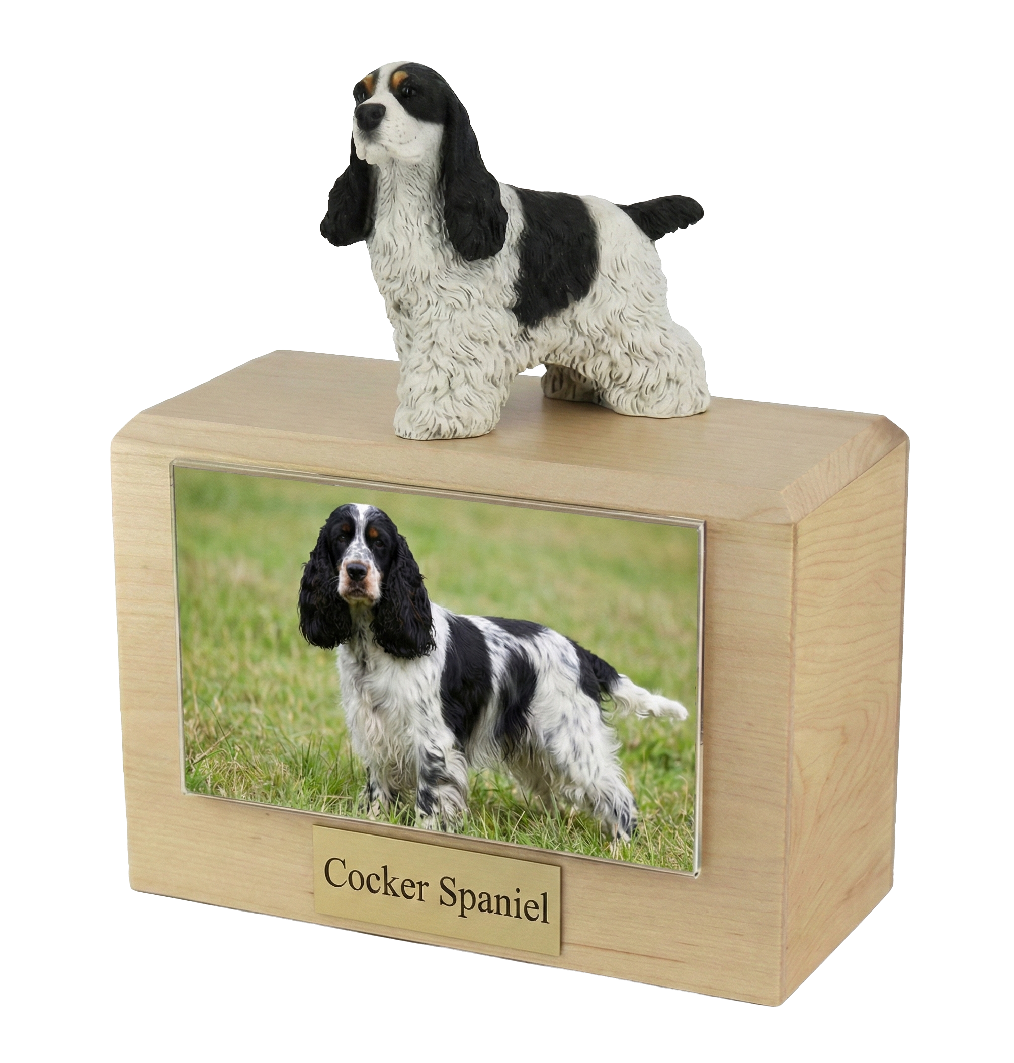 Wooden Pet Urn w/ Spotted Cocker Spaniel Figurine & 4x6 Photo Holder ...