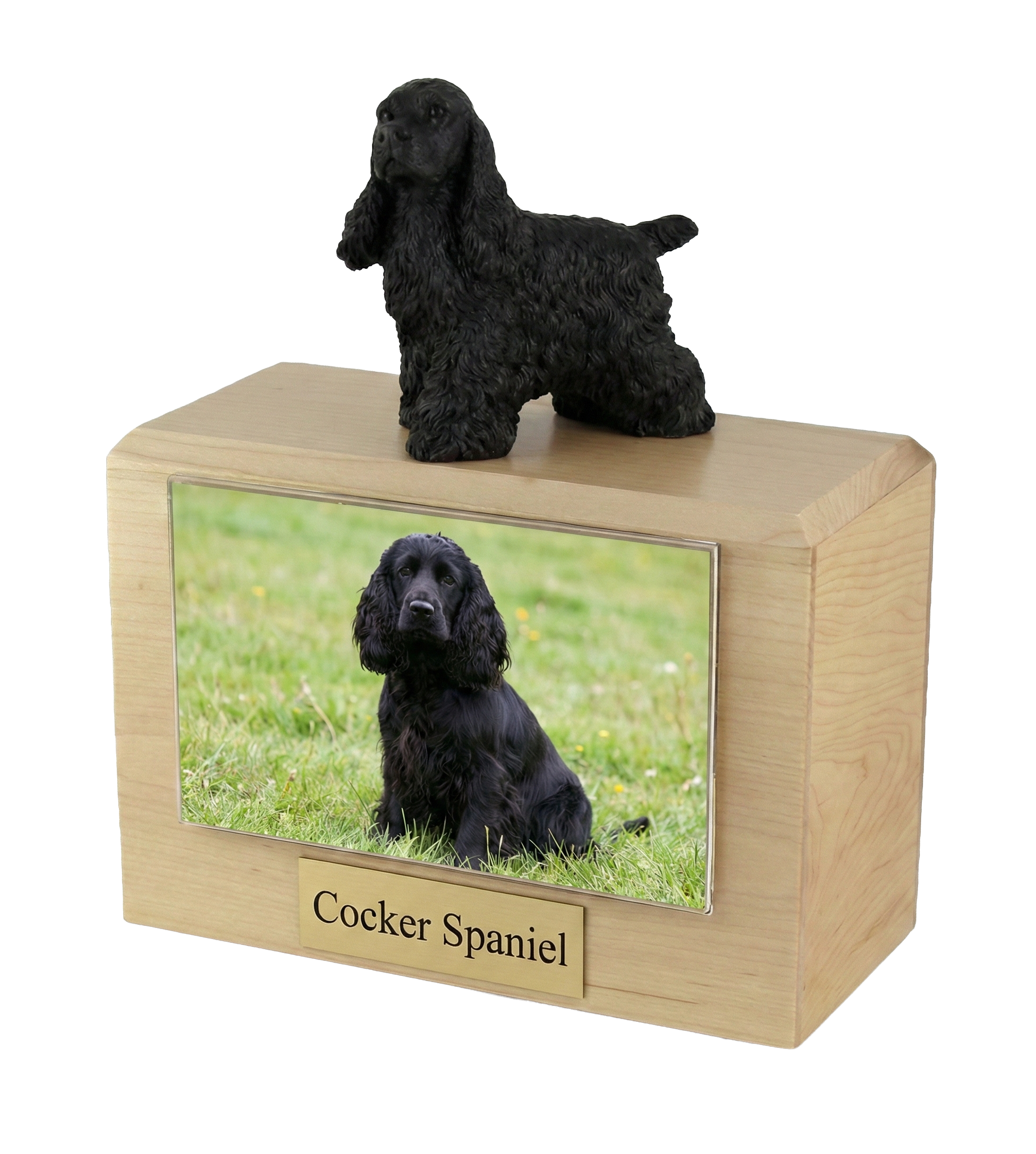 Wooden Pet Urn w/ Black Cocker Spaniel Figurine & 4x6 Photo Holder ...