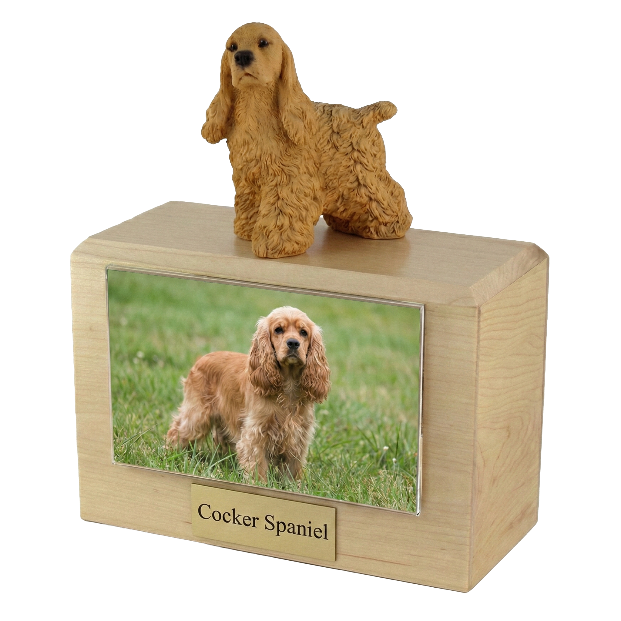 Wooden Pet Urn w/ Buff Cocker Spaniel Figurine & 4x6 Photo Holder ...