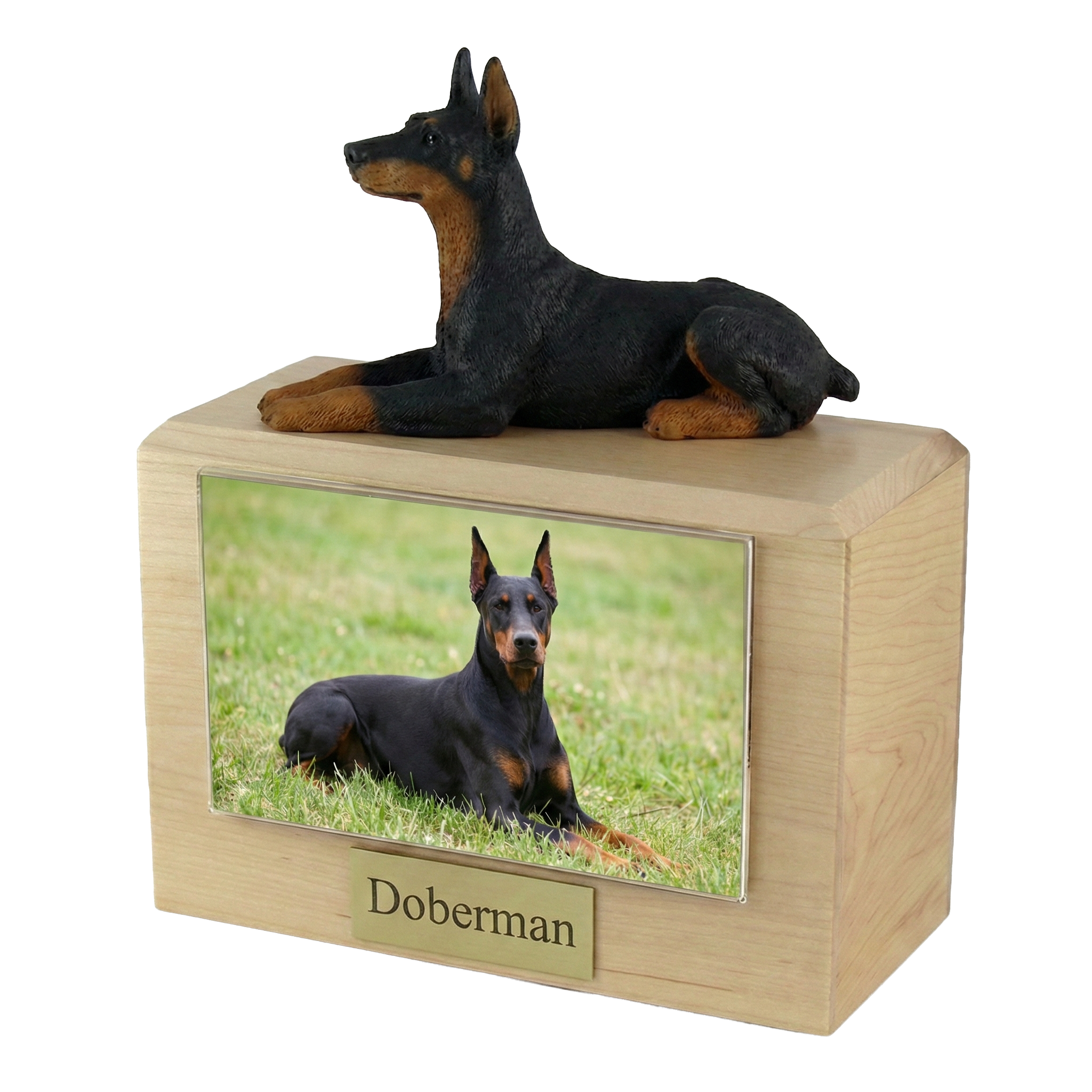 Wooden Pet Urn w/ Lying Down Doberman Figurine & 4x6 Photo Holder ...