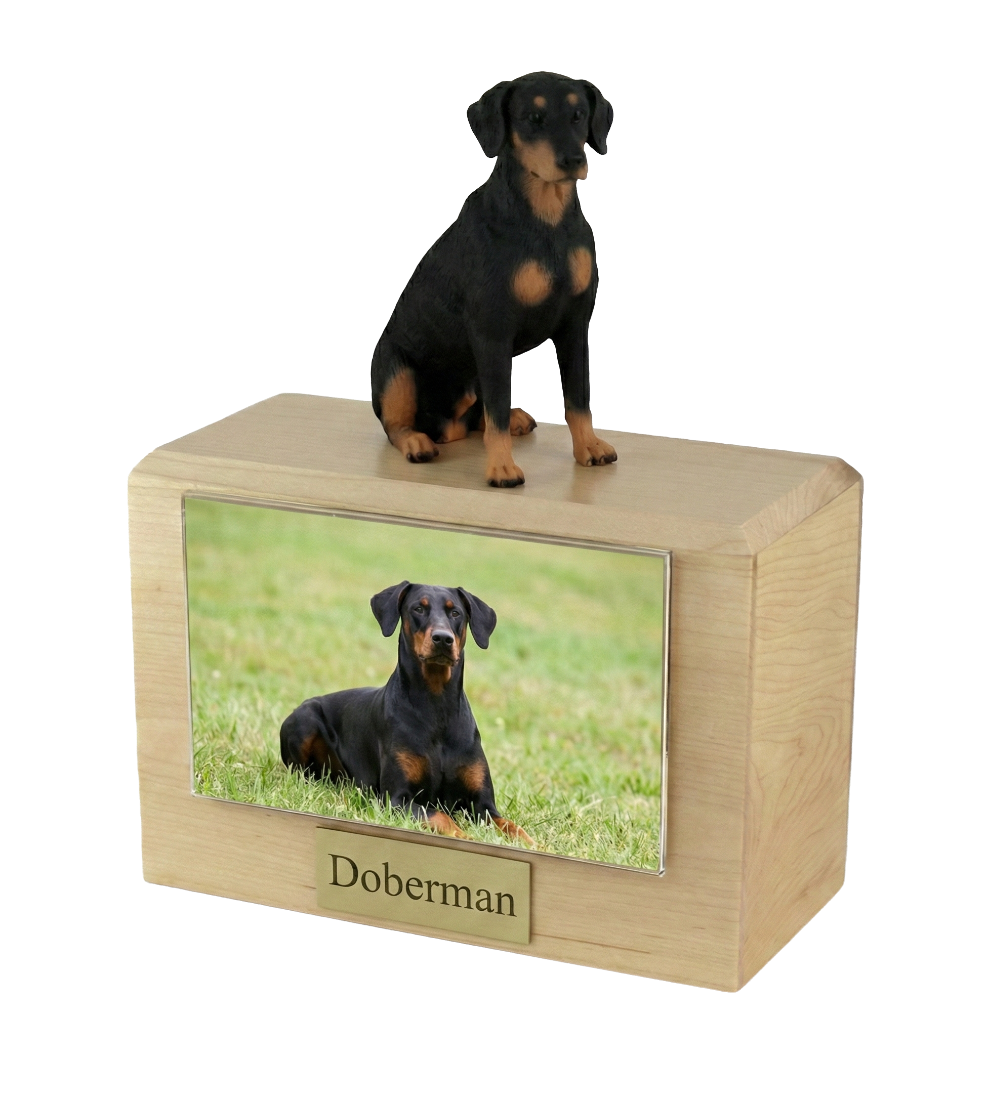 Wooden Pet Urn w/ Sitting Doberman Figurine & 4x6 Photo Holder ...