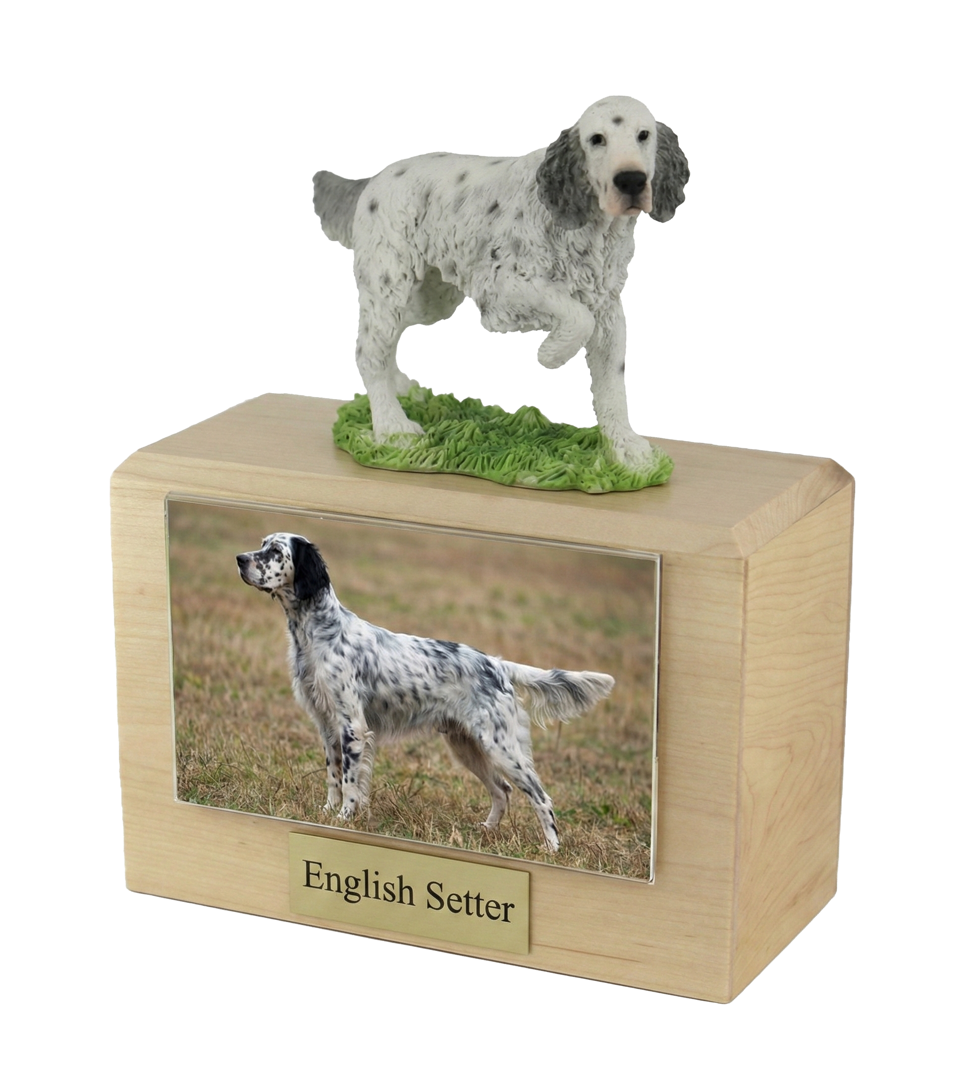 Wooden Pet Urn w/ Standing English Setter Figurine & 4x6 Photo Holder ...