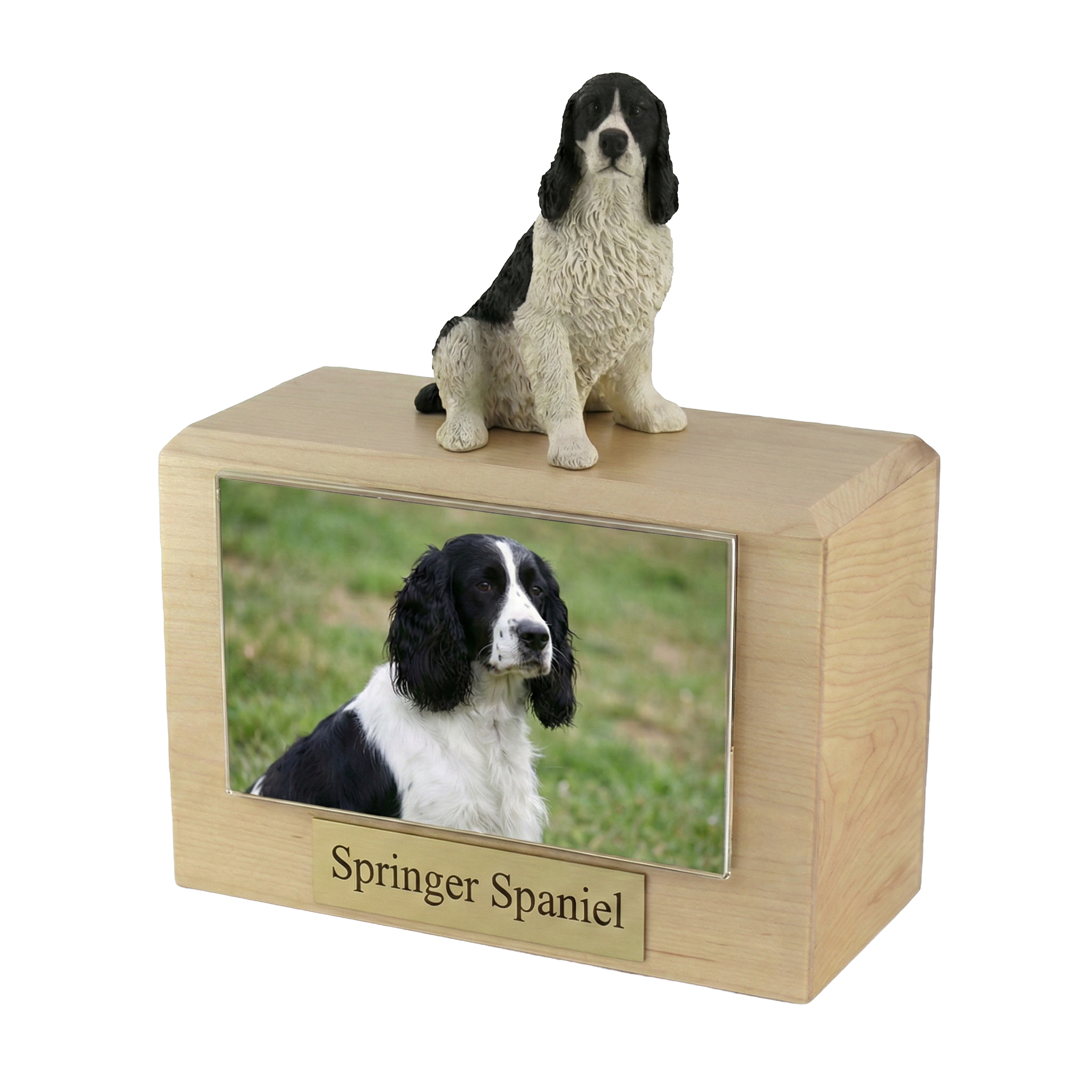 Wooden Pet Urn w/ Sitting Springer Spaniel Figurine & 4x6 Photo Holder ...
