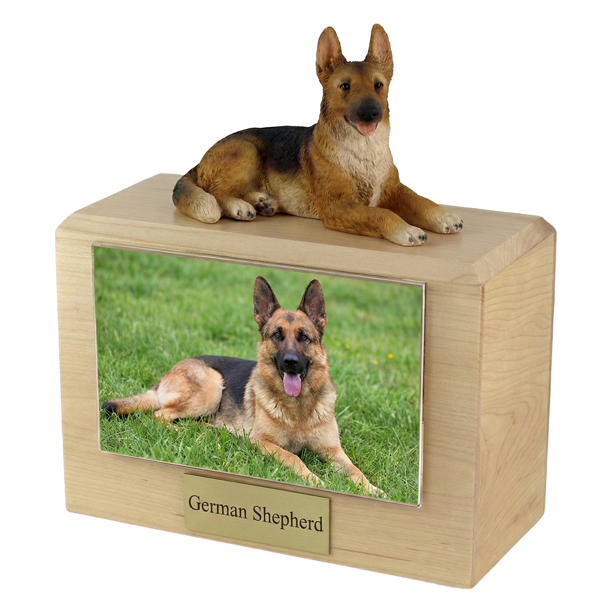 Wooden Pet Urn w/ Lying Down German Shepherd Figurine & 4x6 Photo ...