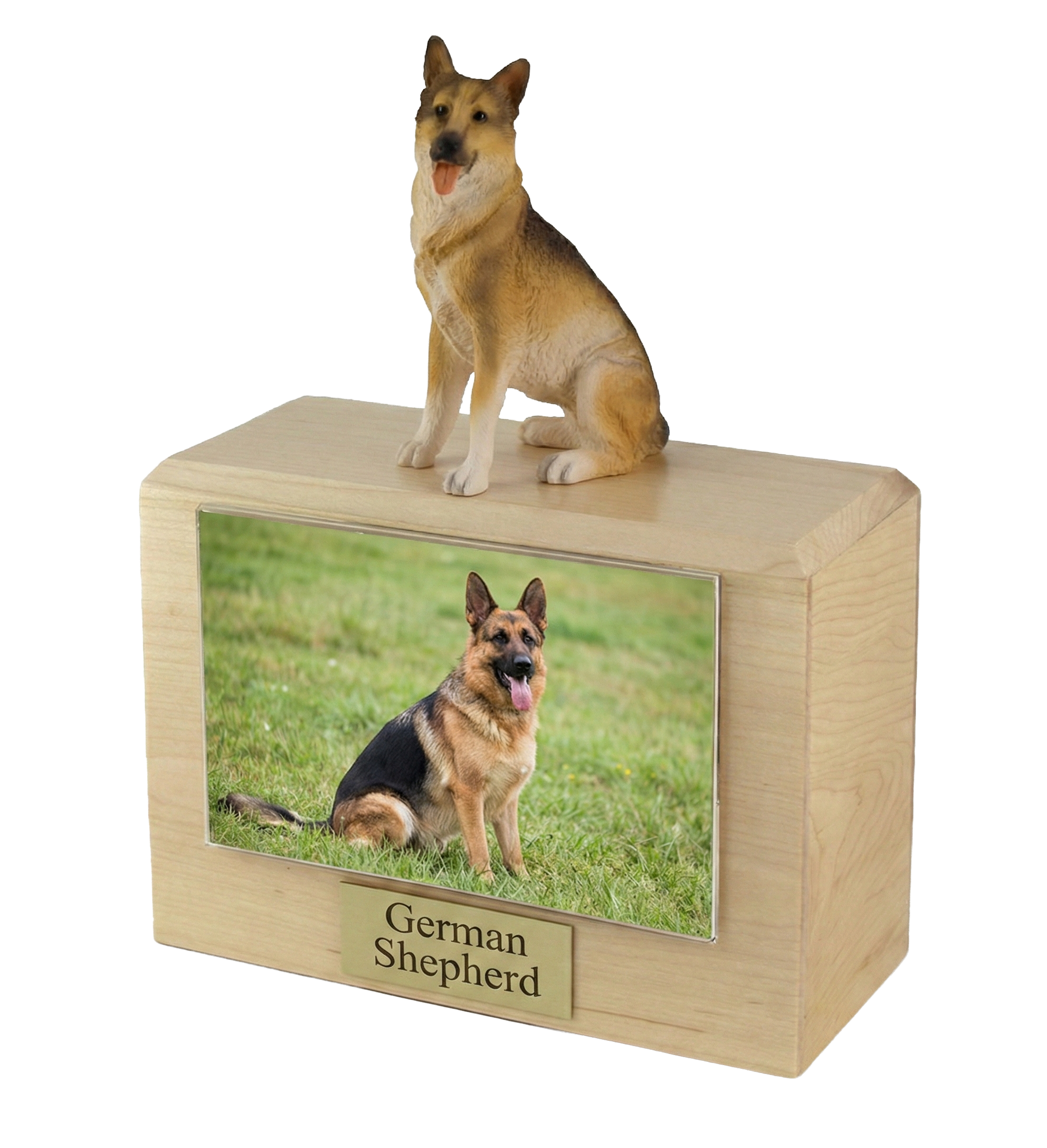 Wooden Pet Urn w/ Sitting German Shepherd Figurine & 4x6 Photo Holder ...