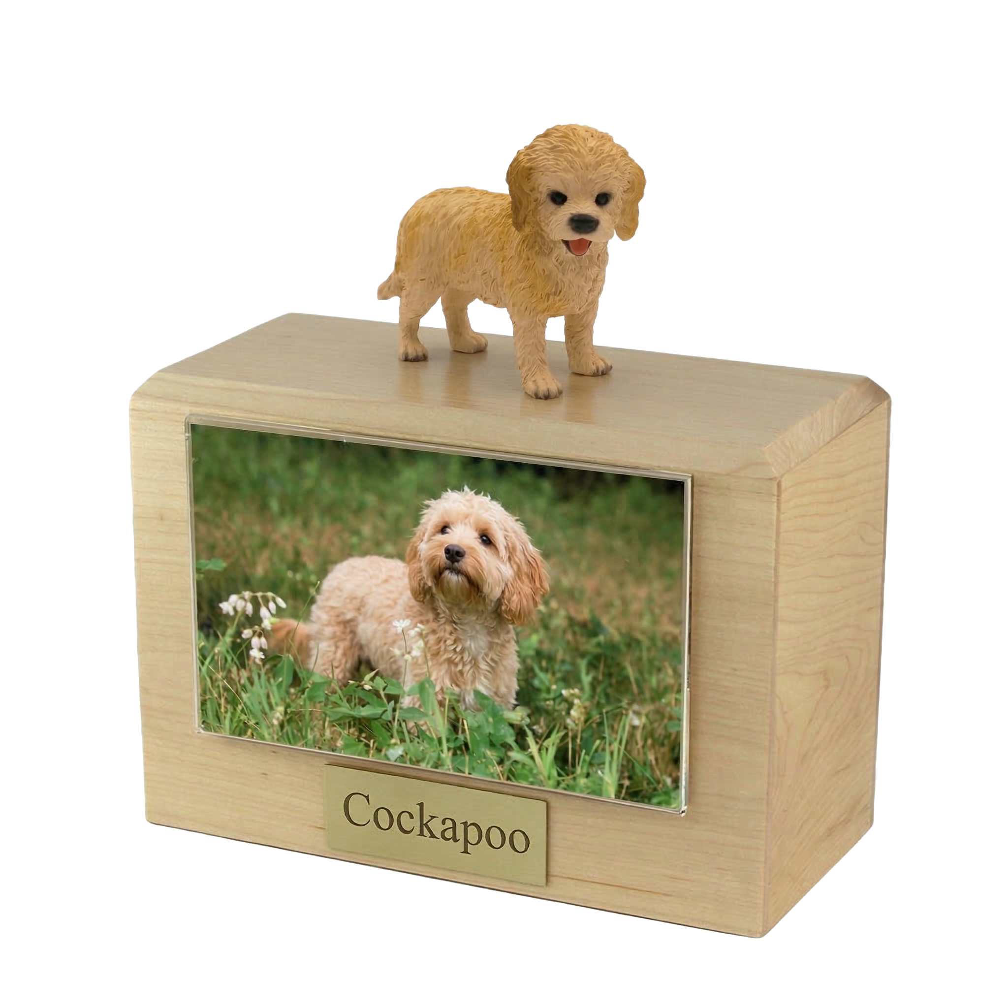 Wooden Pet Urn w/ Standing Blond Cockapoo Figurine & 3.5x5 Inches Photo ...