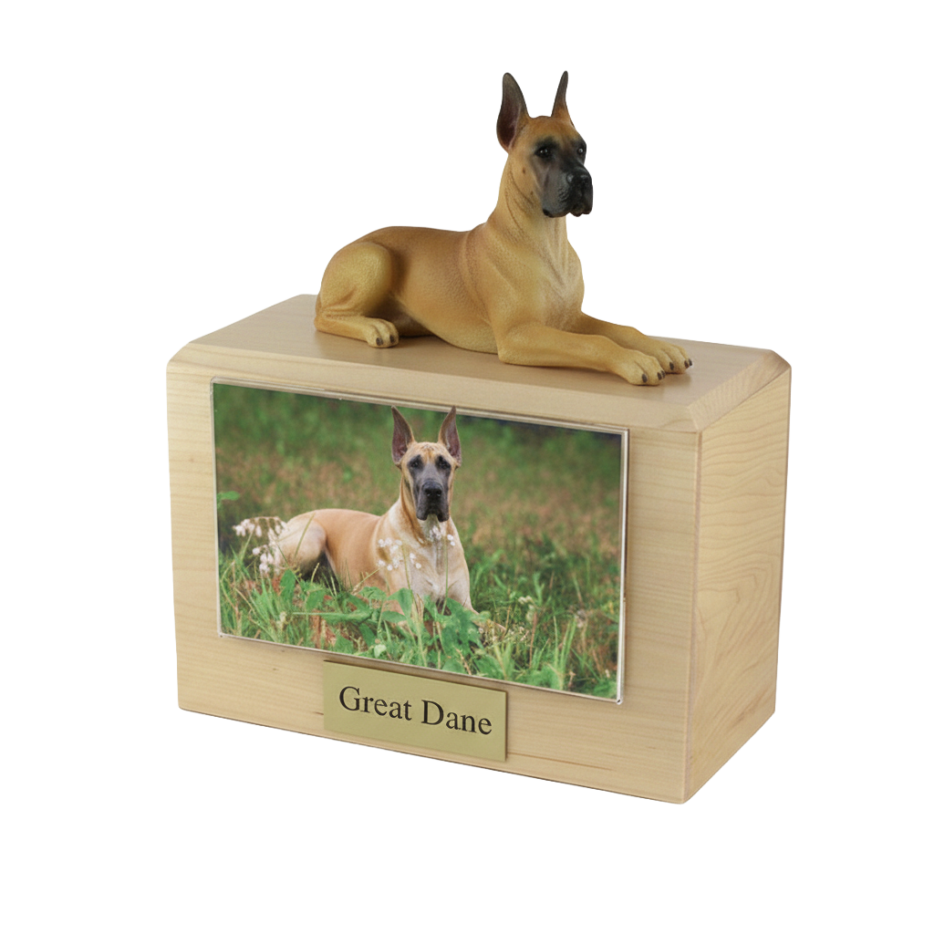 Wooden Pet Urn w/ Lying Down Fawn Great Dane Figurine & 4x6 Photo ...
