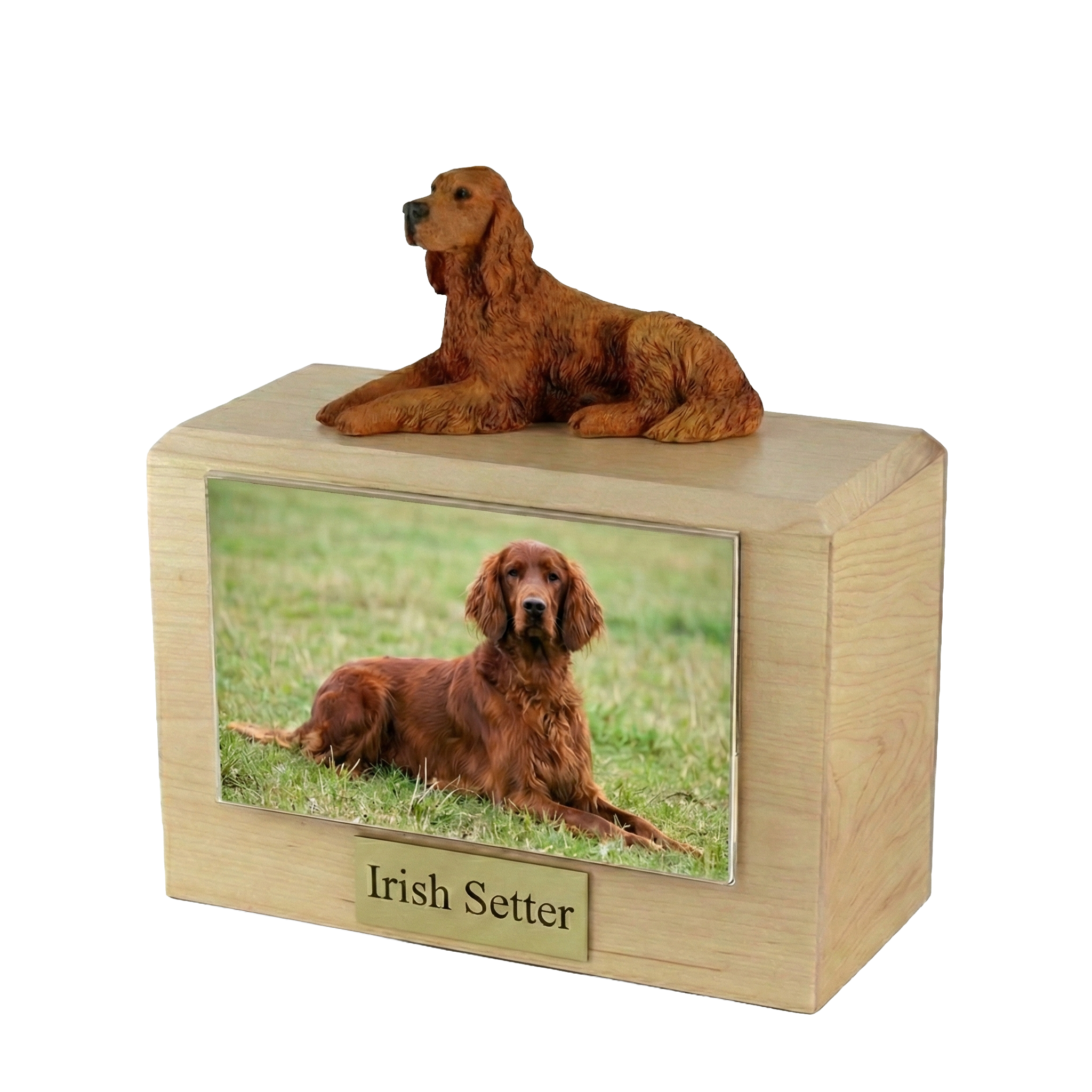 Wooden Pet Urn w/ Lying Down Irish Setter Figurine & 4x6 Photo Holder ...