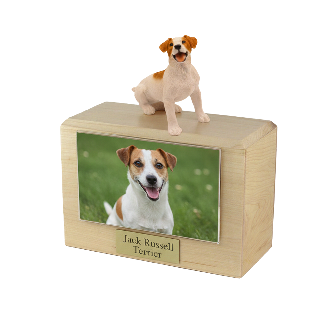 Wooden Pet Urn w/ Sitting Brown Jack Russel Terrier Figurine & 4x6 ...