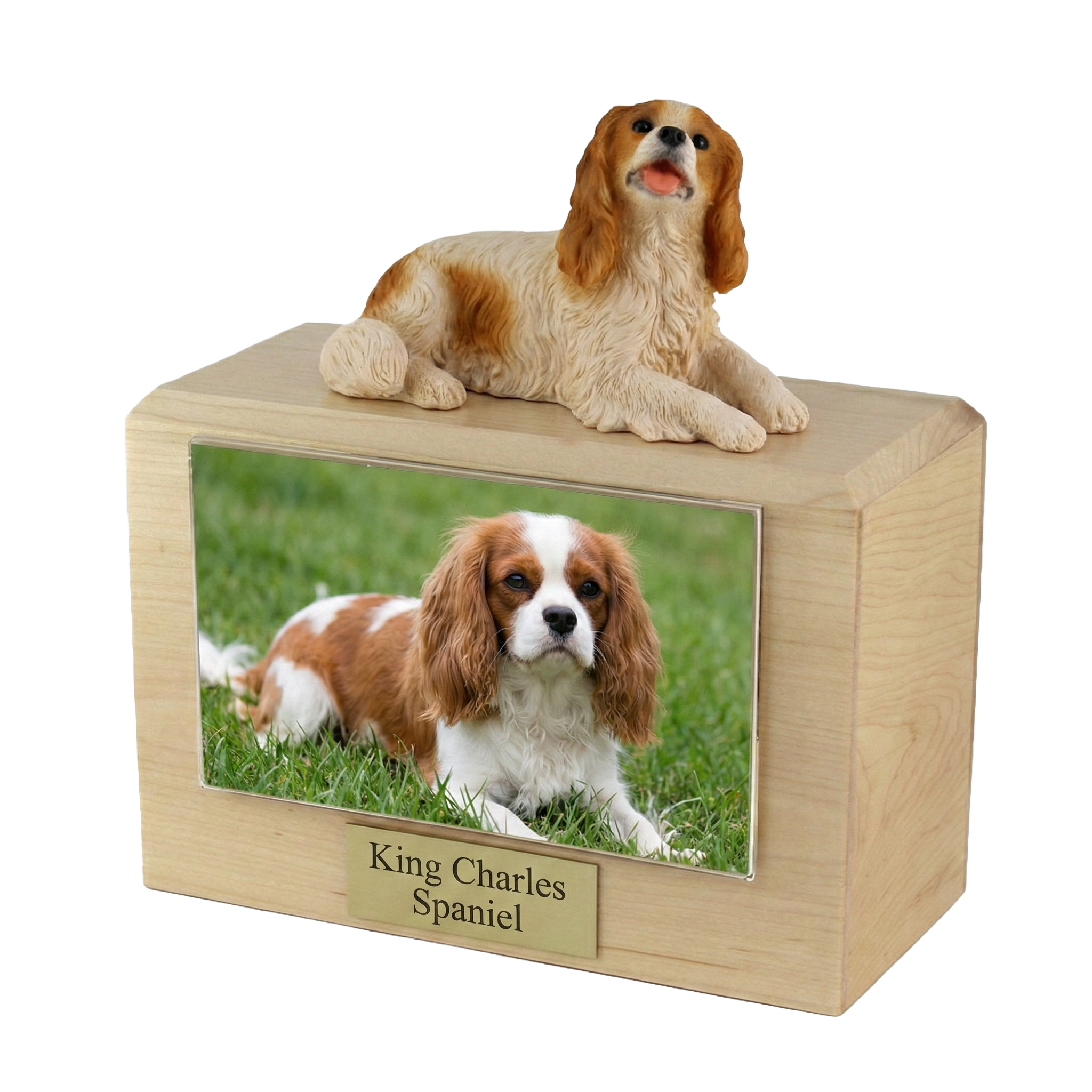 Wooden Pet Urn w/ Lying Down Brown King Charles Spaniel Figurine & 3 ...