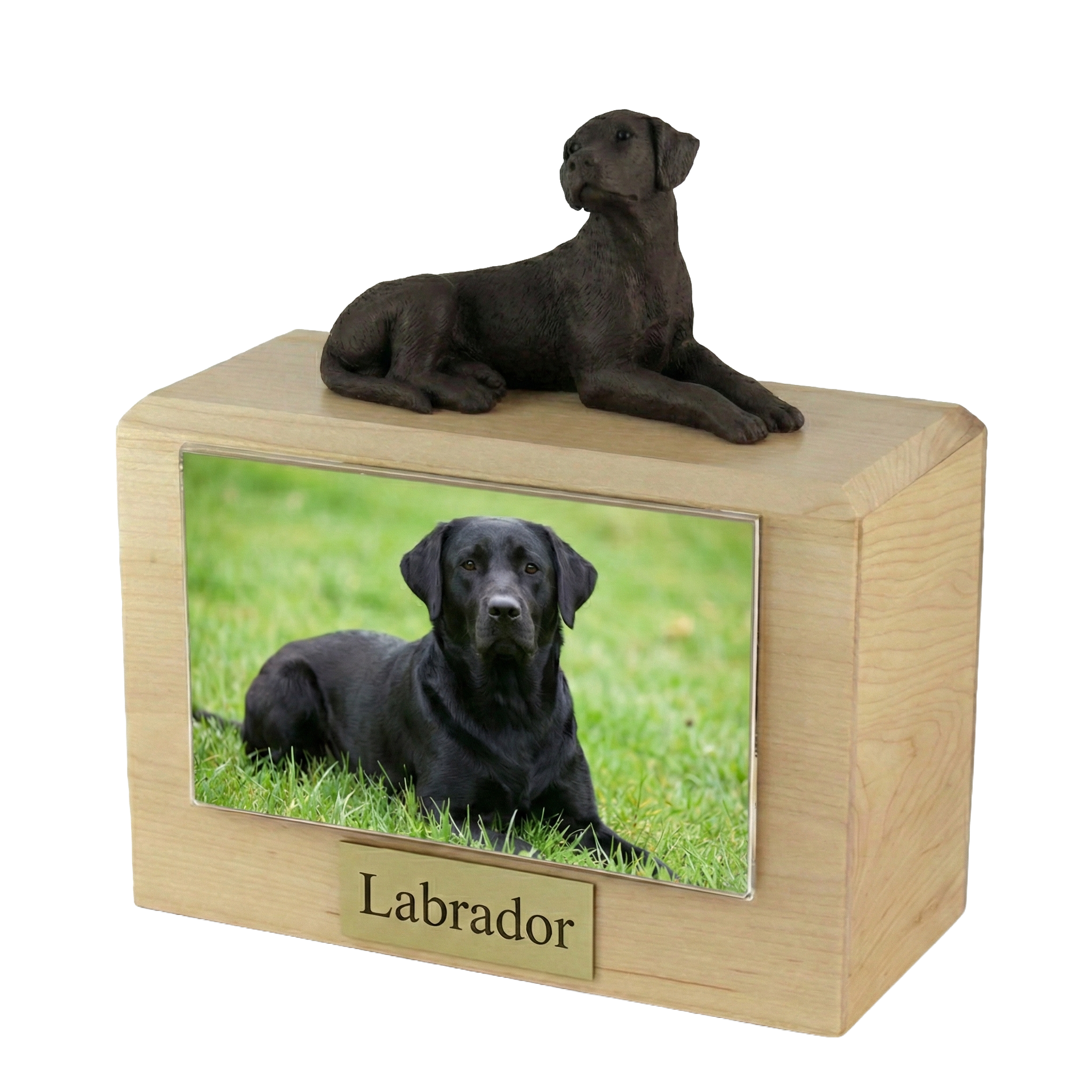 Wooden Pet Urn w/ Lying Down Black Labrador Figurine & 4x6 Photo Holder ...
