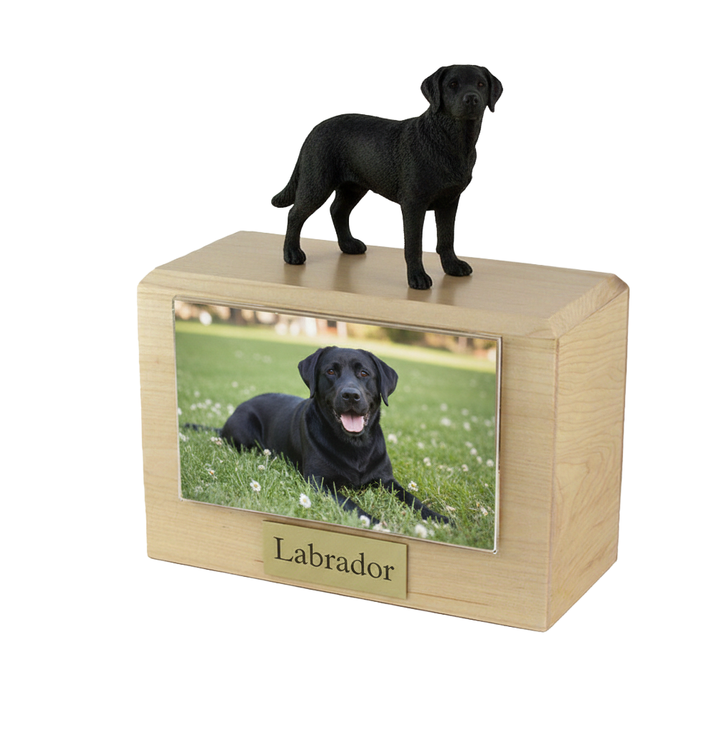 Wooden Pet Urn w/ Standing Black Labrador Figurine & 4x6 Photo Holder ...