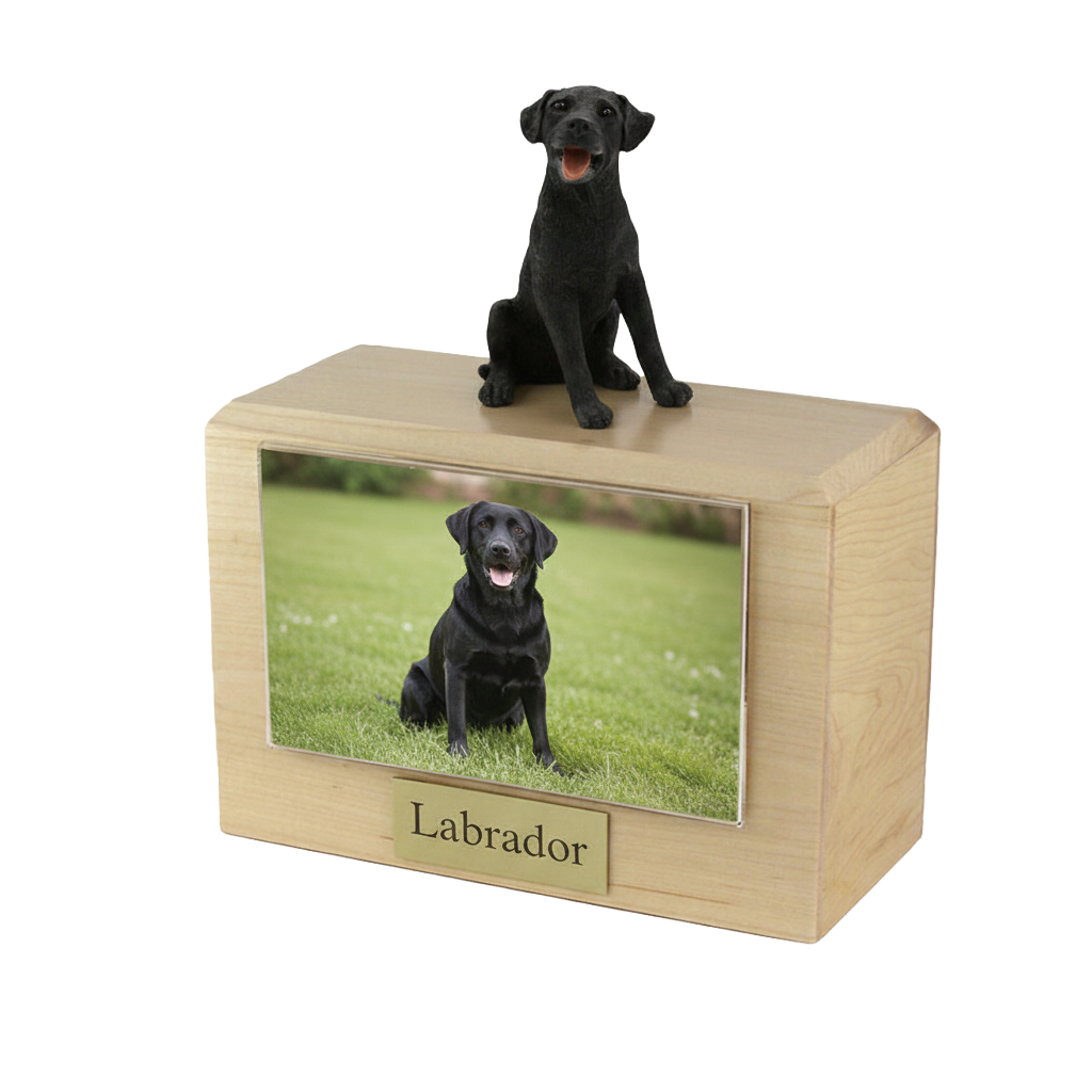 Wooden Pet Urn w/ Sitting Black Labrador Figurine & 4x6 Photo Holder ...