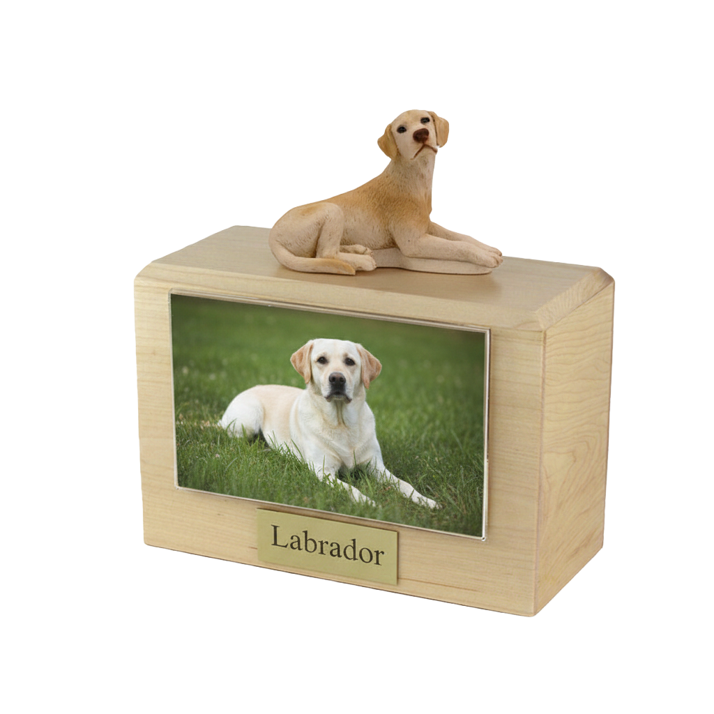 Wooden Pet Urn w/ Lying Down Yellow Labrador Figurine & 4x6 Photo ...