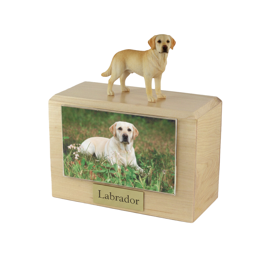 Wooden Pet Urn w/ Standing Yellow Labrador Figurine & 3.5x5 Photo ...