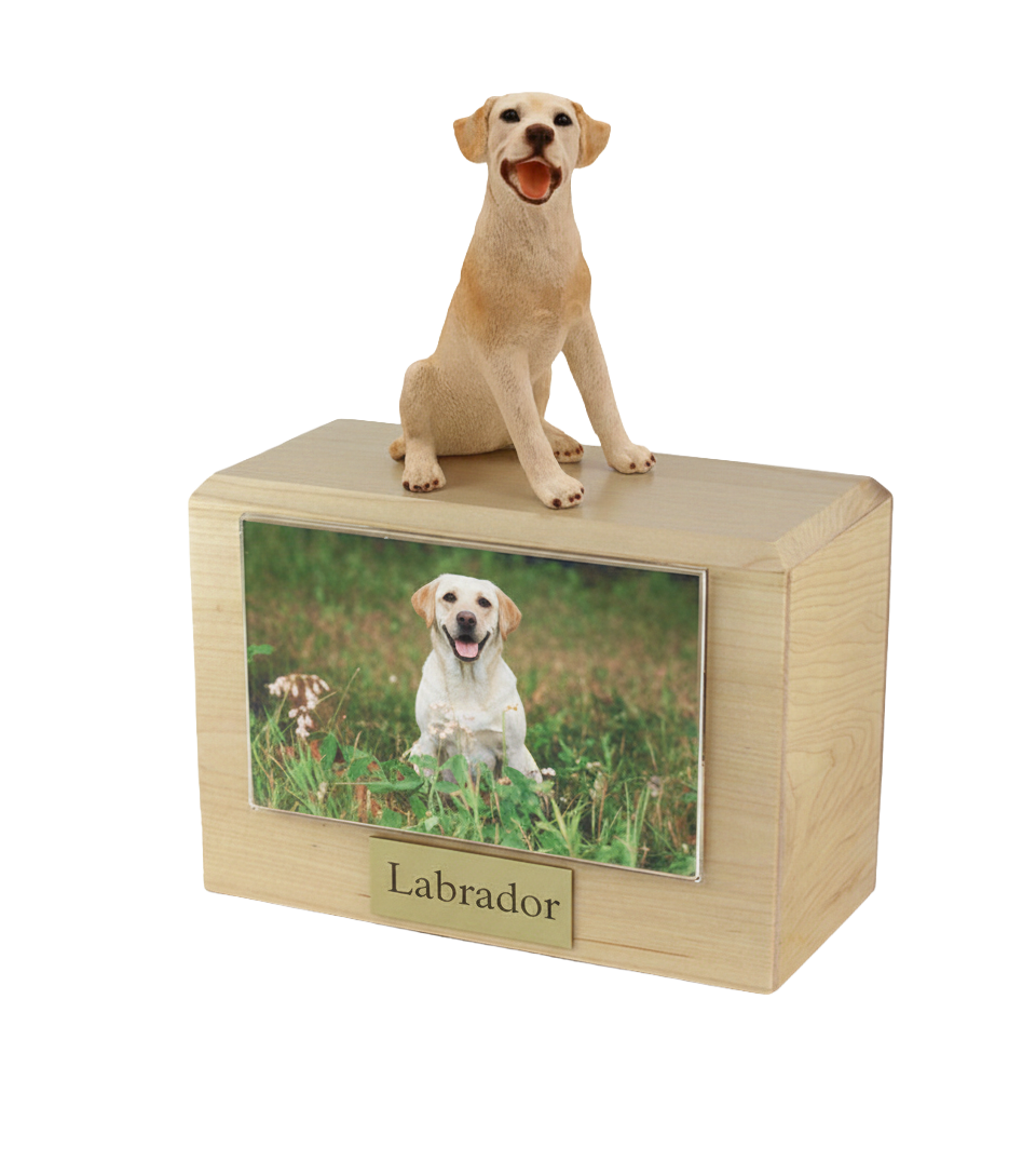 Wooden Pet Urn w/ Sitting Yellow Labrador Figurine & 4x6 Photo Holder ...