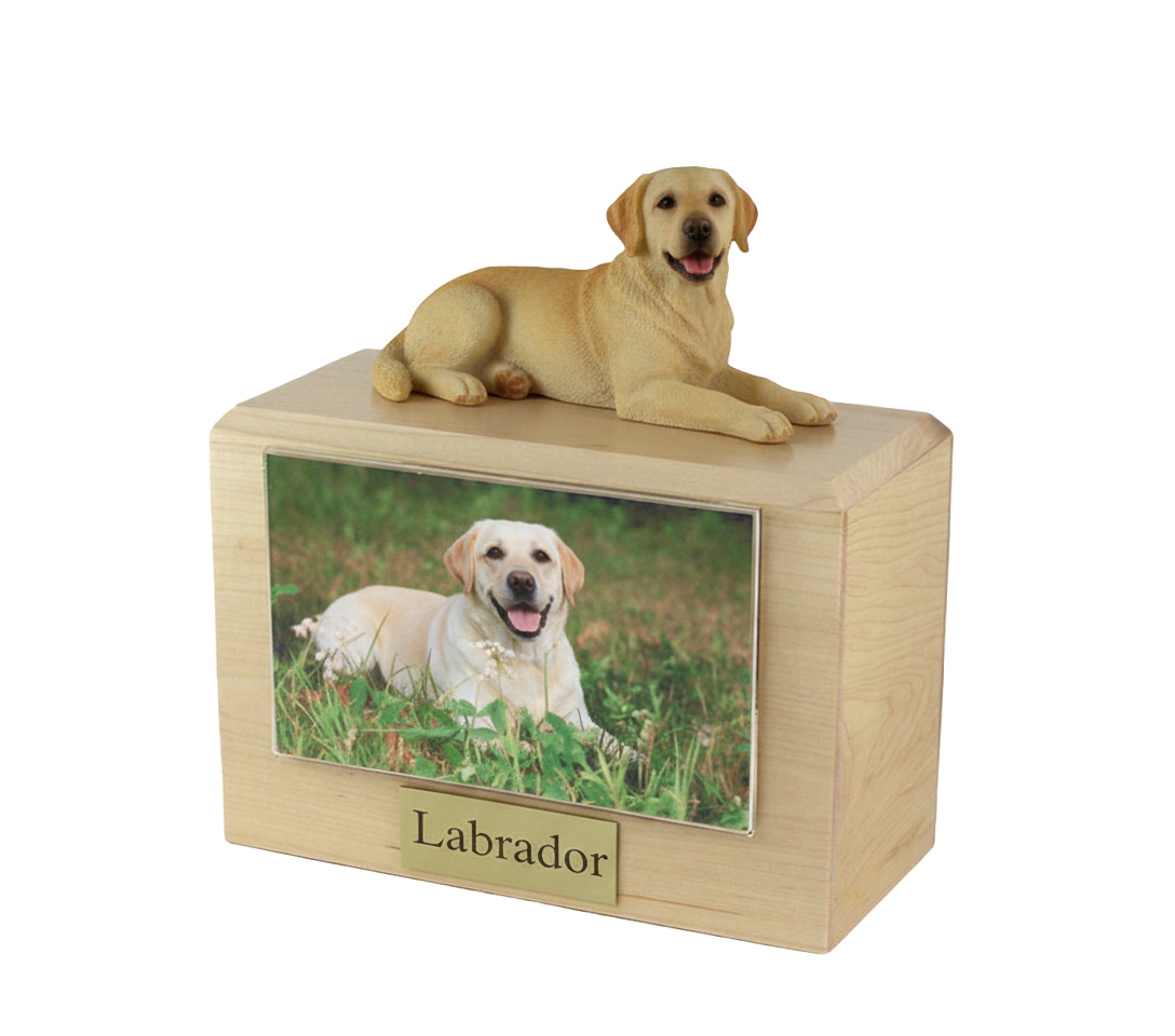 Wooden Pet Urn w/ Lying Down Golden Labrador Figurine & 4x6 Photo ...