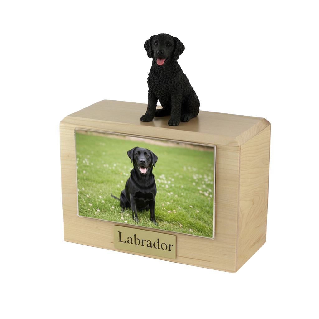 Wooden Pet Urn w/ Sitting Black Long-Haired Labrador Figurine & 3.5x5 ...