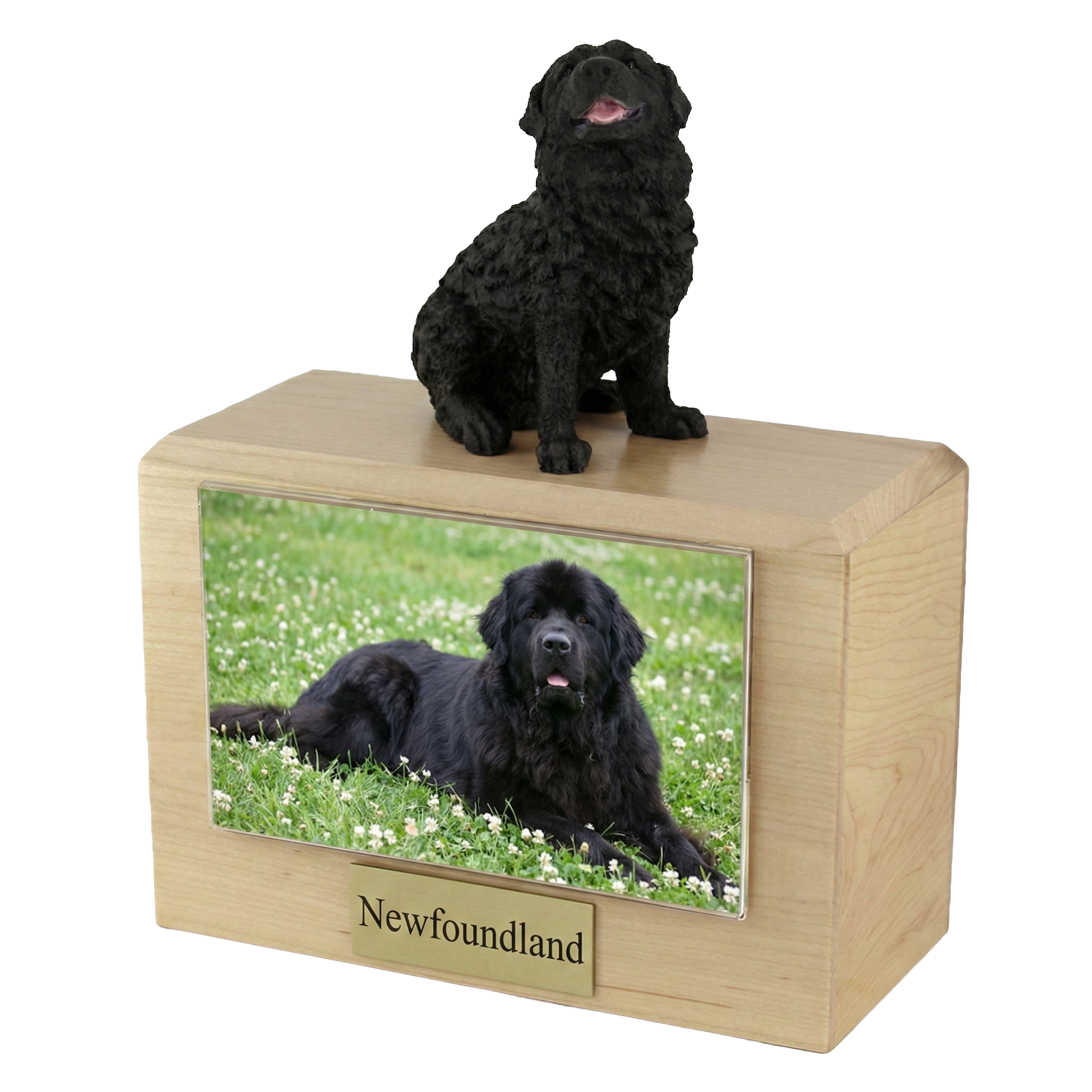 Wooden Pet Urn w/ Sitting Black Newfoundland Figurine & 4x6 Photo ...