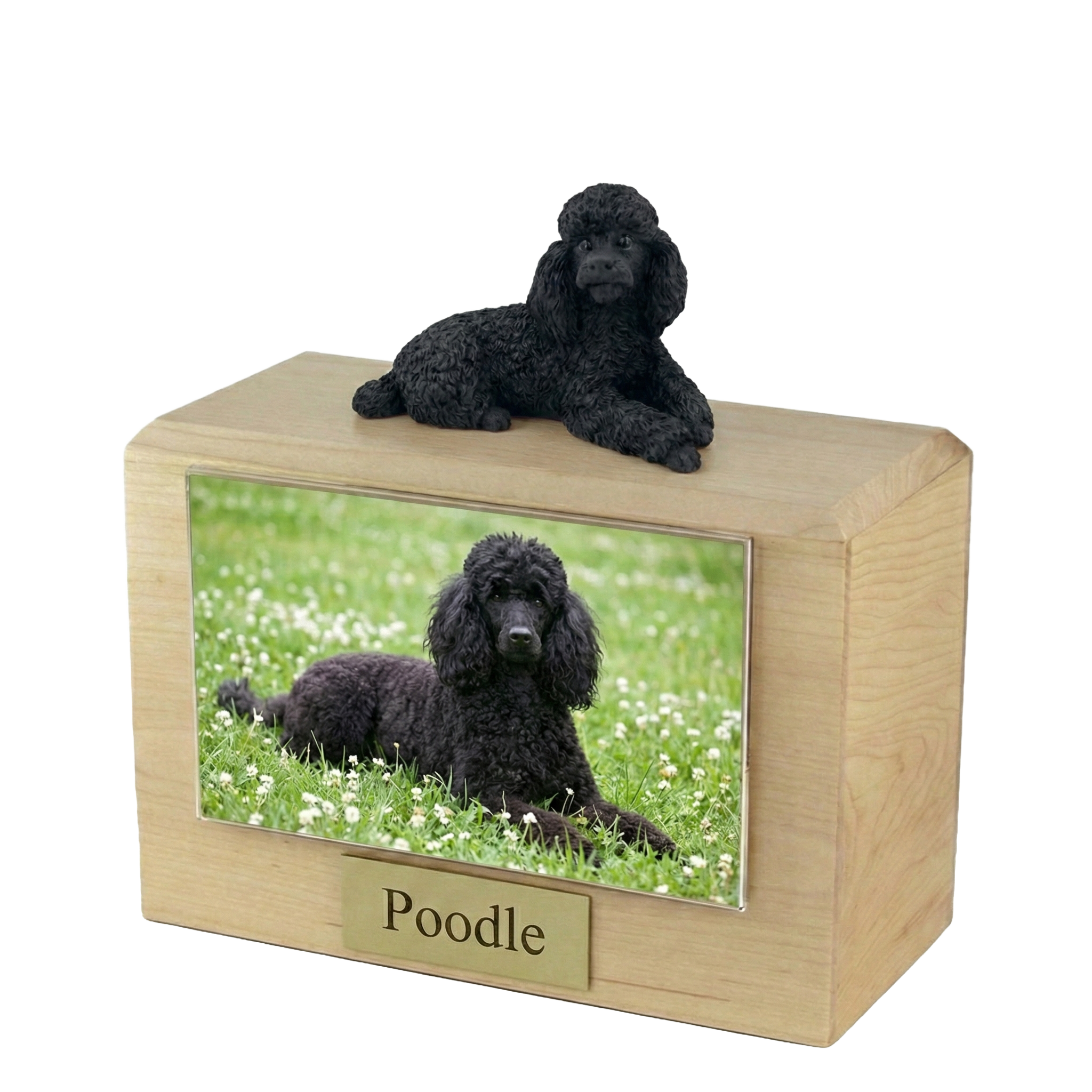 Wooden Pet Urn w/ Lying Down Black Poodle Figurine & 4x6 Photo Holder ...