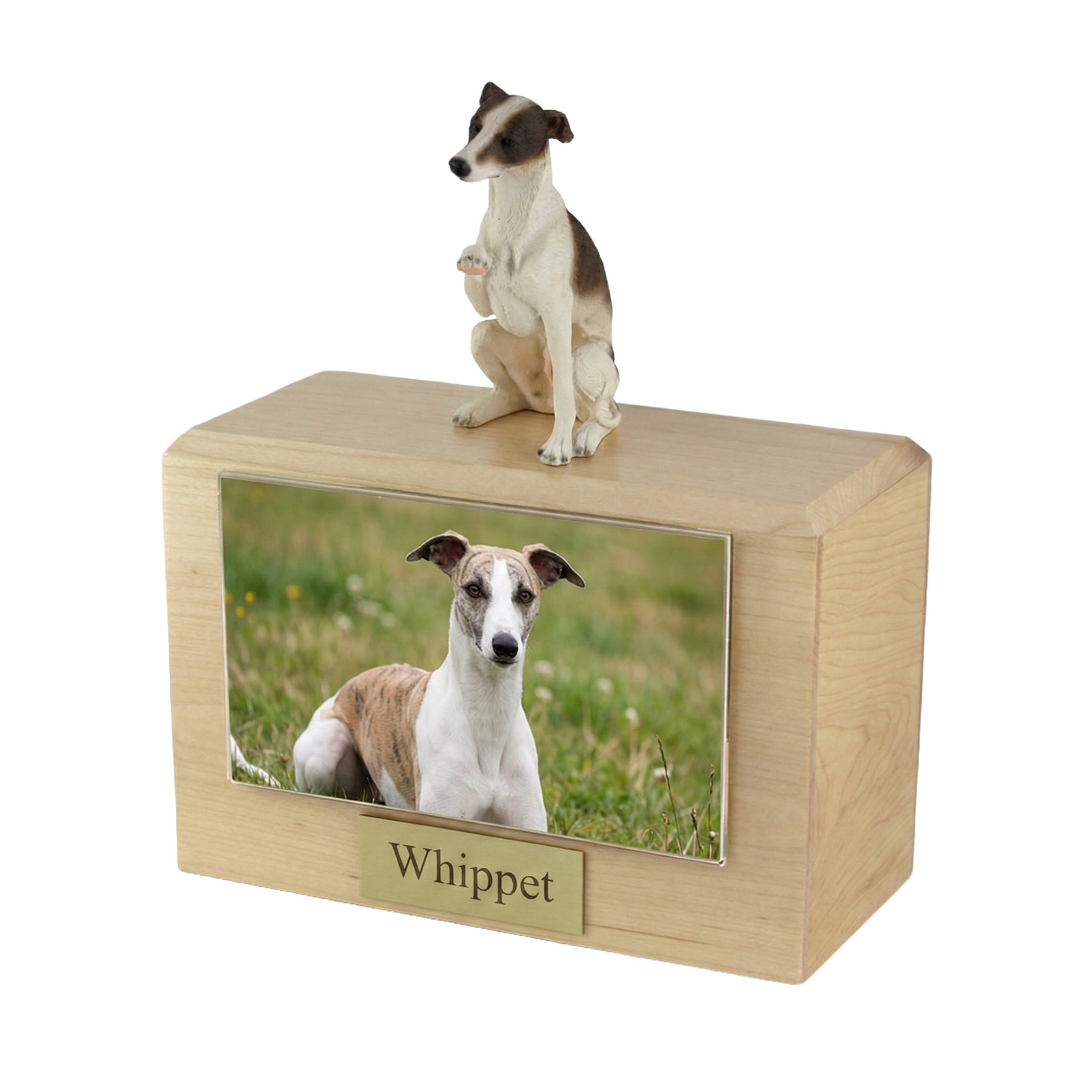 Wooden Pet Urn w/ Brown Whippet Paws-Up Figurine & 4x6 Photo Holder ...