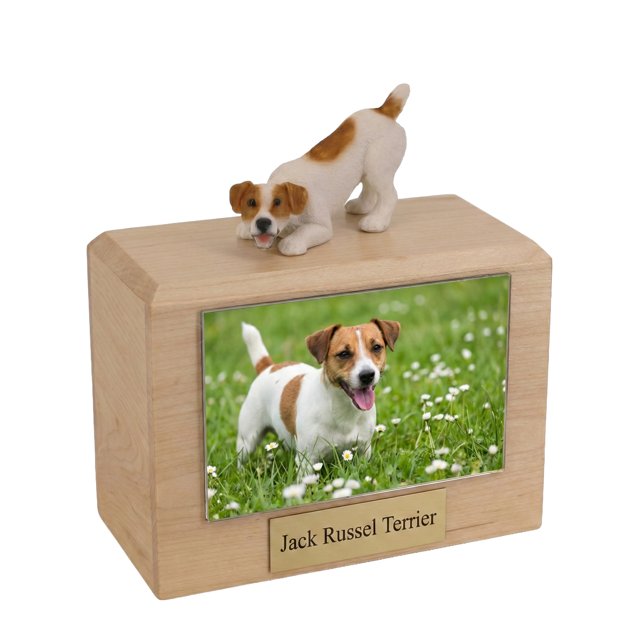 Wooden Pet Urn w/ Play Bow Brown Jack Russel Terrier Figurine & 4x6 ...