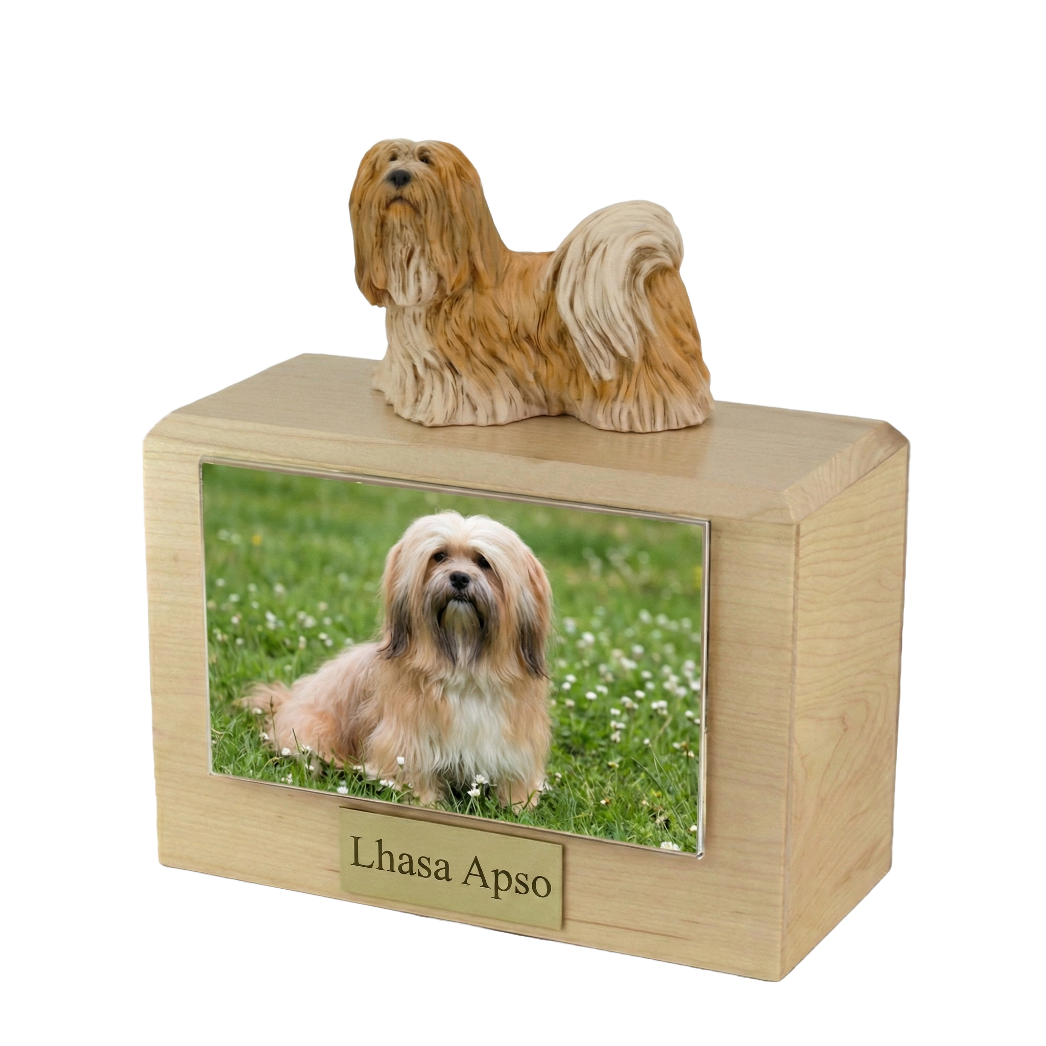 Wooden Pet Urn w/ Standing Lhasa Apso Figurine & 4x6 Photo Holder ...