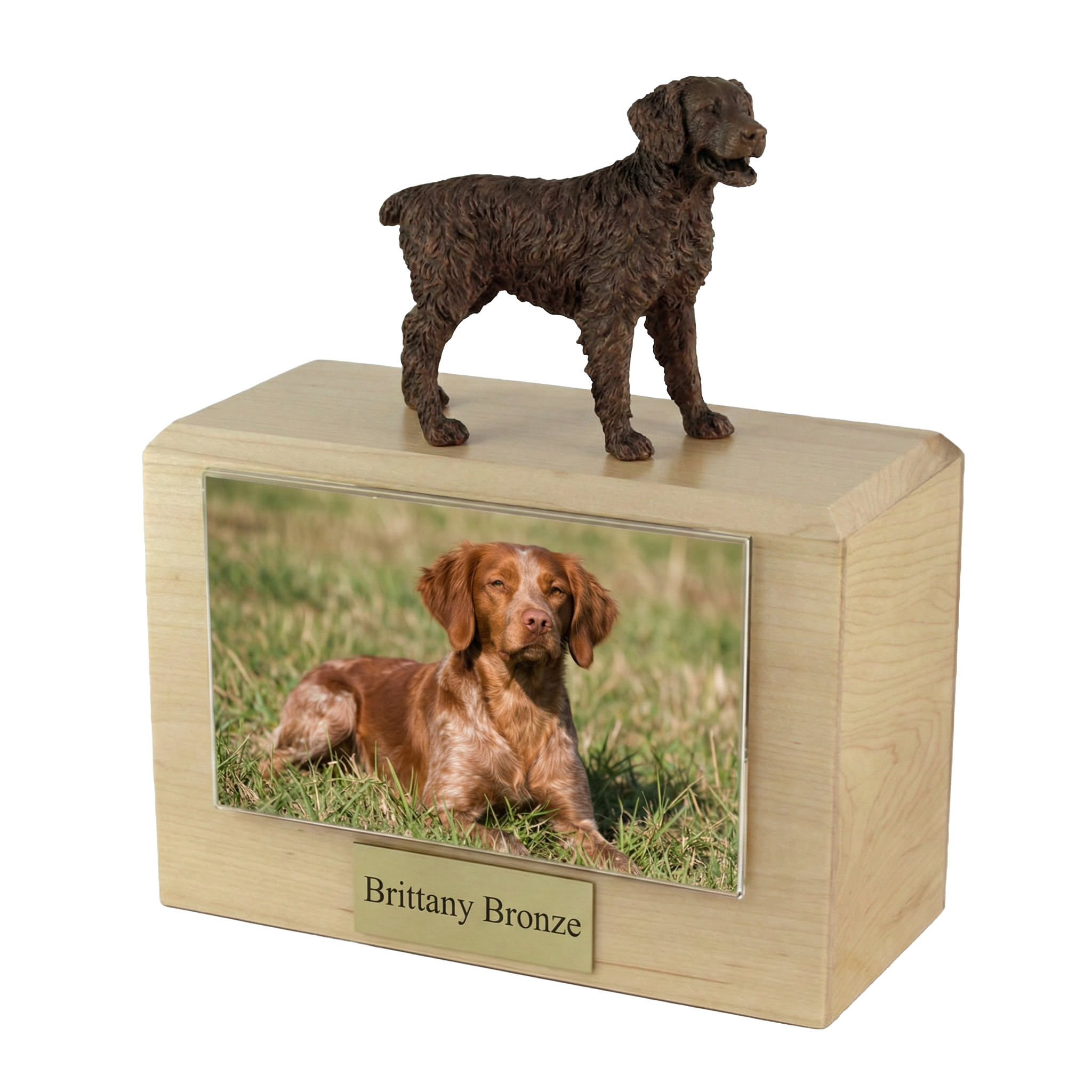 Wooden Pet Urn w/ Standing Bronze Brittany Figurine & 4x6 Photo Holder ...