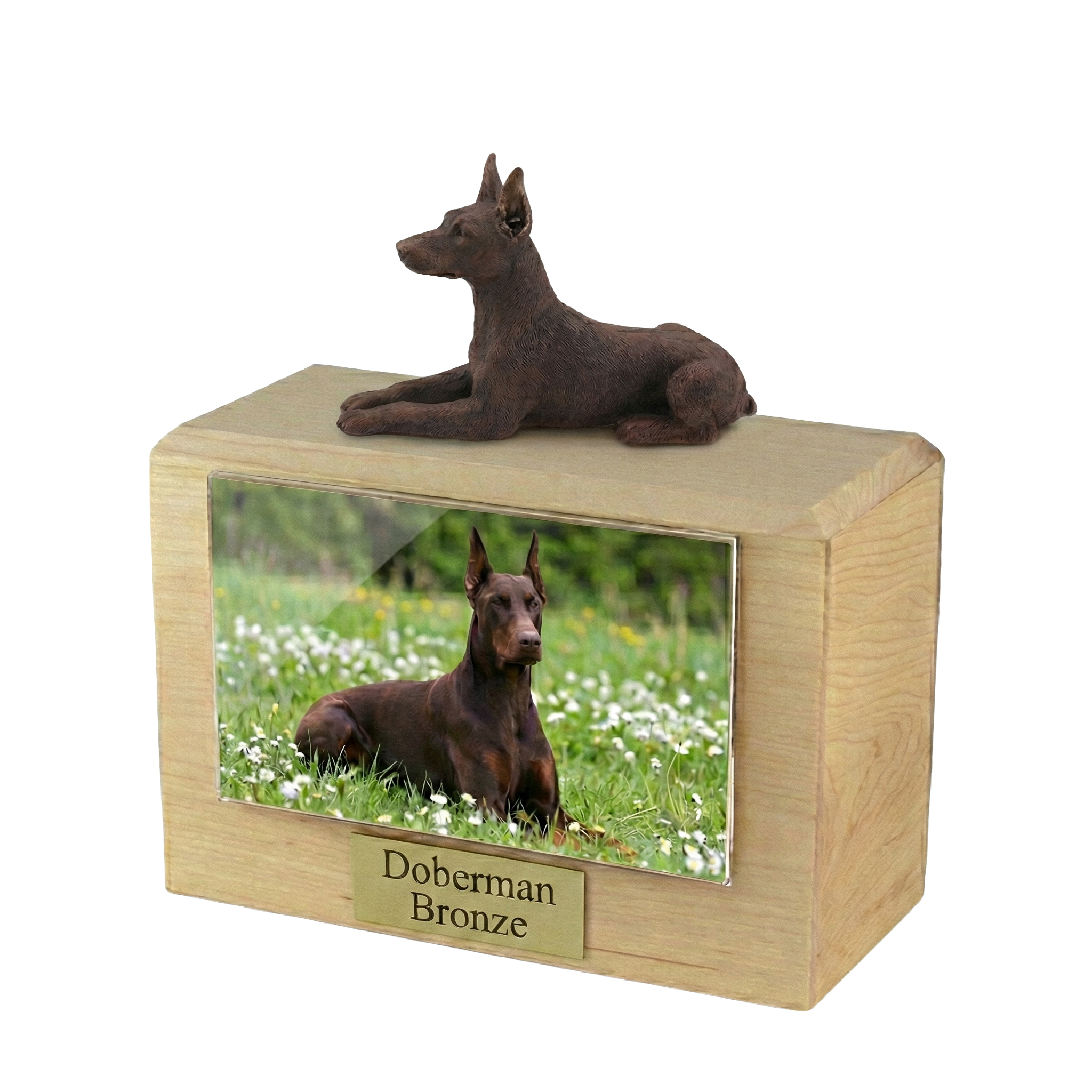 Wooden Pet Urn w/ Bronze Doberman Ears-Up Figurine & 4x6 Photo Holder ...