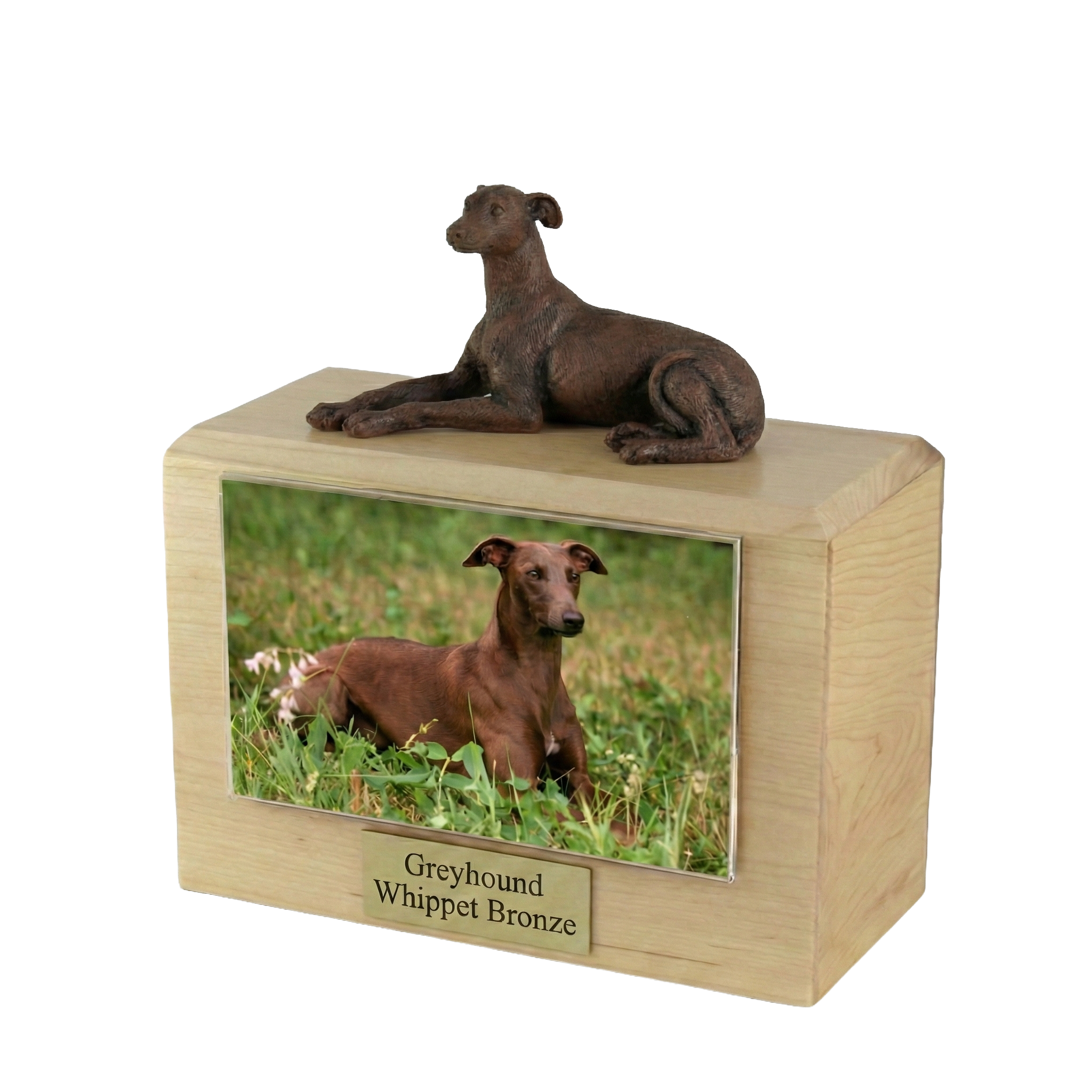 Wooden Pet Urn w/ Lying Down Bronze Greyhound Whippet Figurine & 4x6 ...