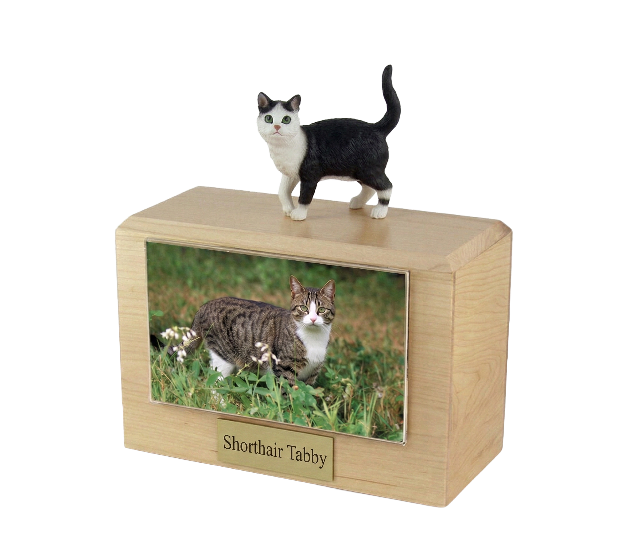 Wooden Pet Urn w/ Standing Tabby Shorthair Cat Figurine & 4x6 Photo ...