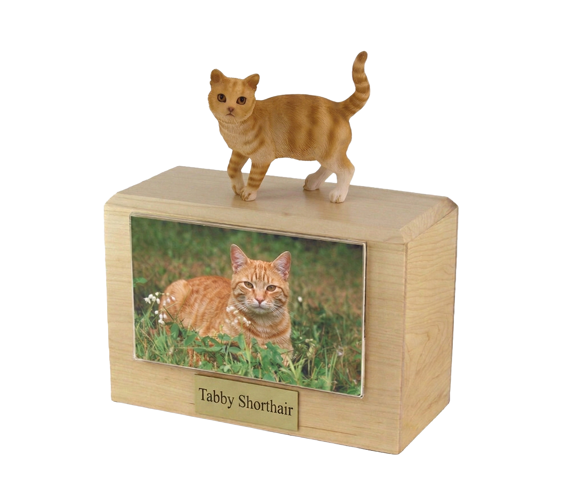 Wooden Pet Urn w/ Standing Tabby Red Shorthair Cat Figurine & 4x6 Photo ...