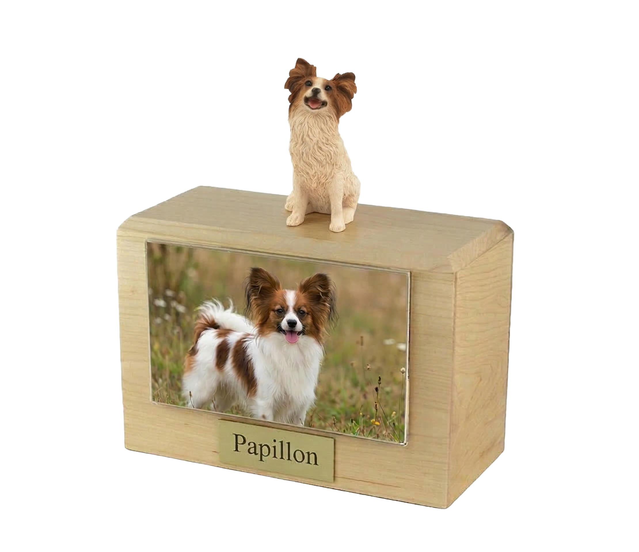 Wooden Pet Urn w/ Sitting Papillon Figurine & 4x6 Photo Holder ...