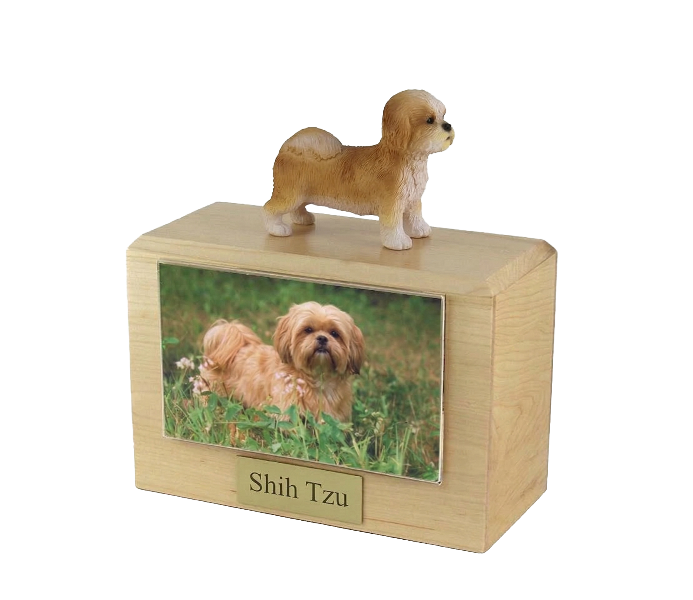 Wooden Pet Urn w/ Standing Puppycut Tan Shih Tzu Figurine & 4x6 Photo ...