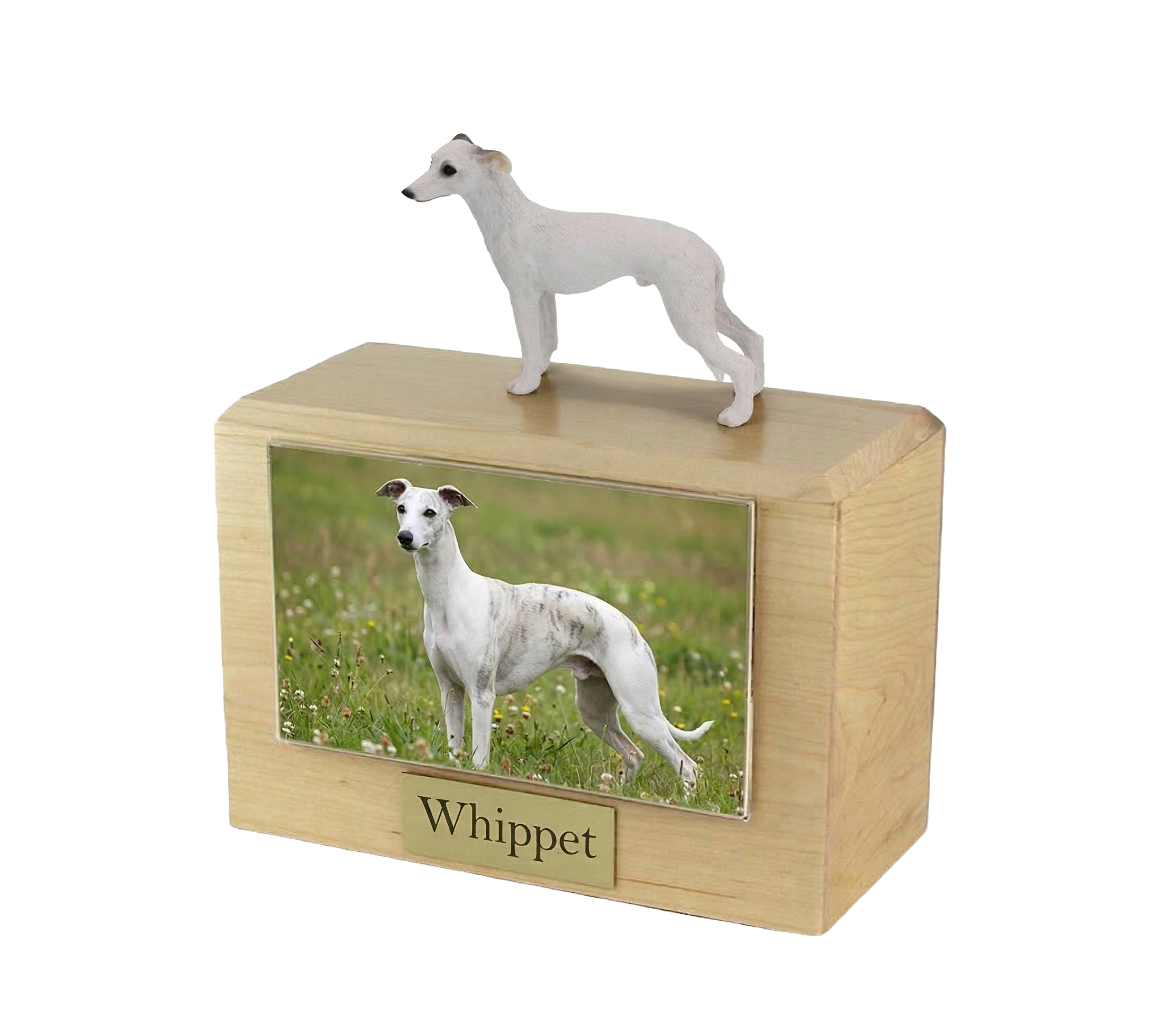 Wooden Pet Urn w/ Standing White Whippet Figurine & 4x6 Photo Holder ...