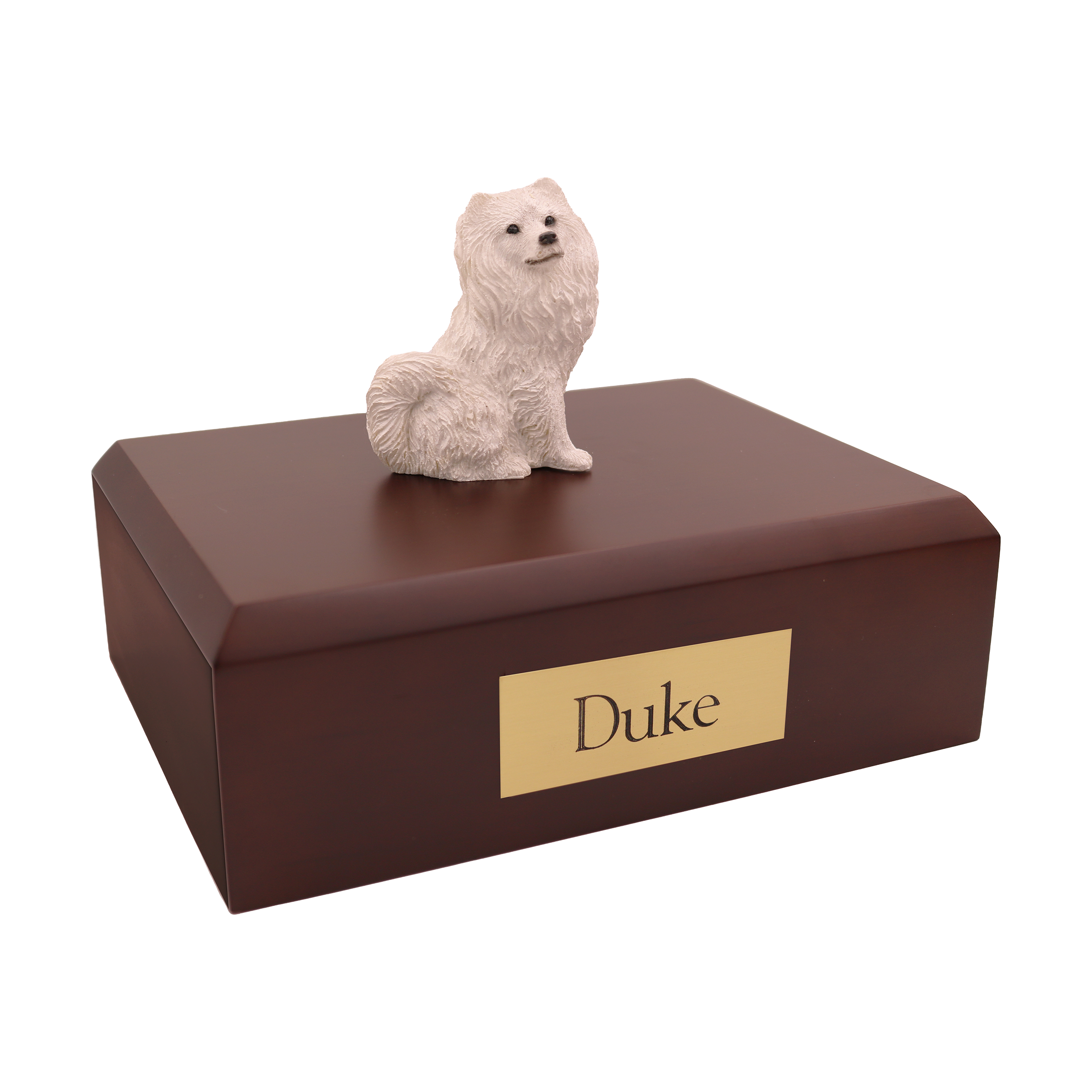 Cream Samoyed Figurine Pet Urn | Resin Memorial on Hardwood | Funeral.com, Inc.