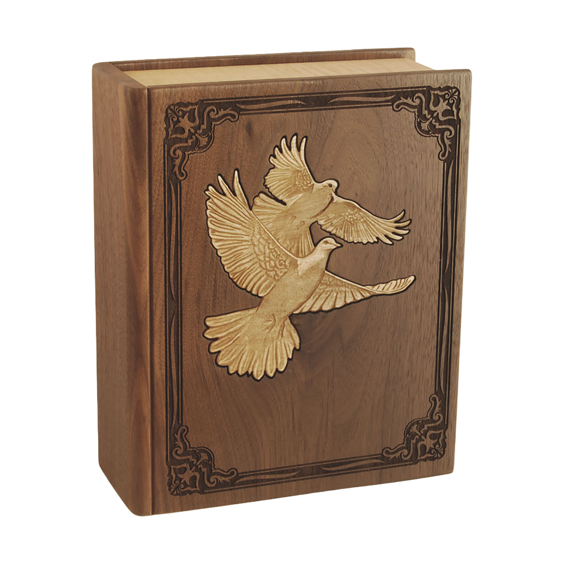Wooden Book-Style Cremation Urn with Doves Design | Funeral.com, Inc.