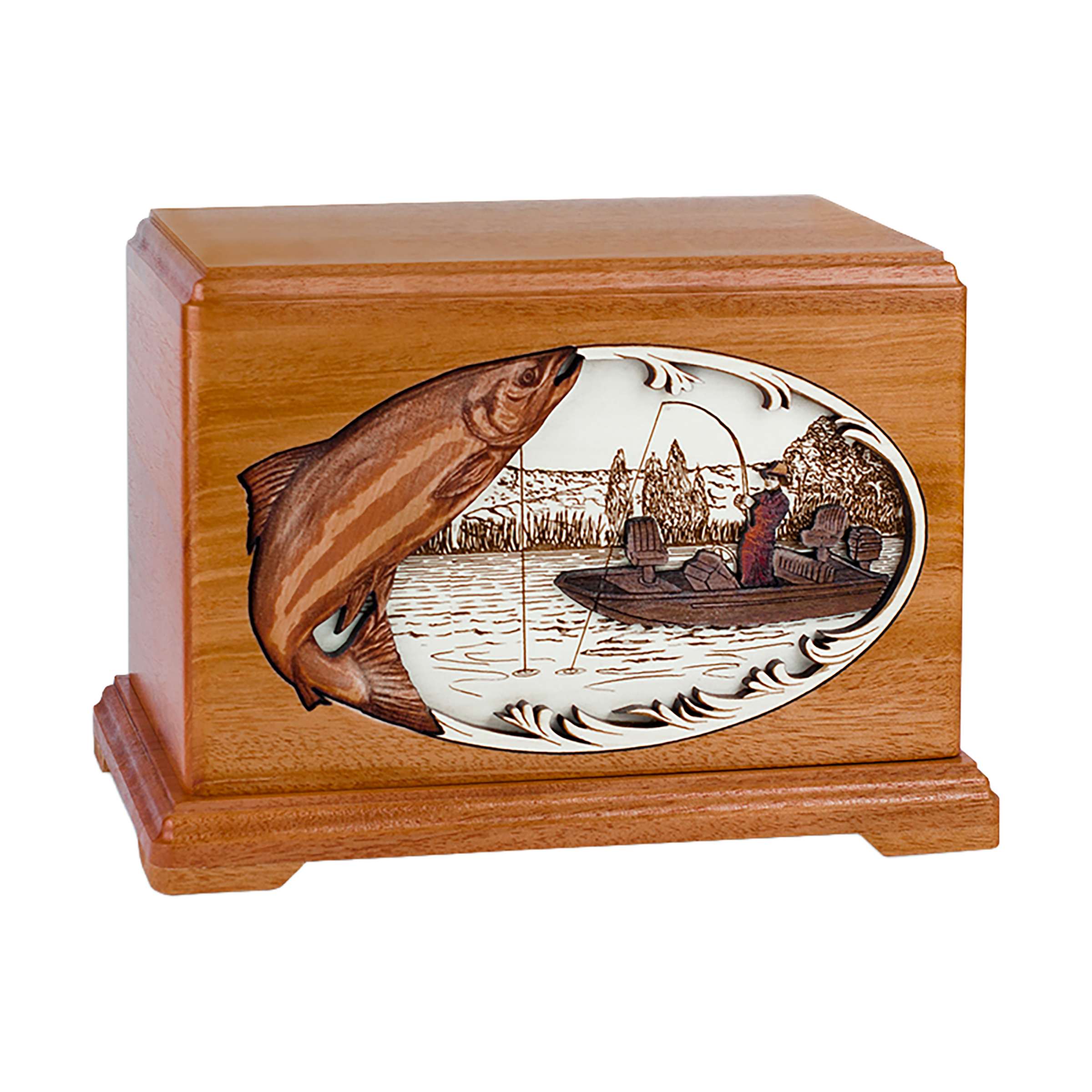 Wooden Hampton Style Cremation Urn with Salmon Boat Fishing 3D Inlay D ...