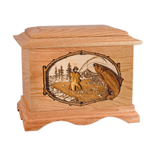 Wooden Hampton Style Cremation Urn with Salmon Fish Stream 3D Inlay De ...