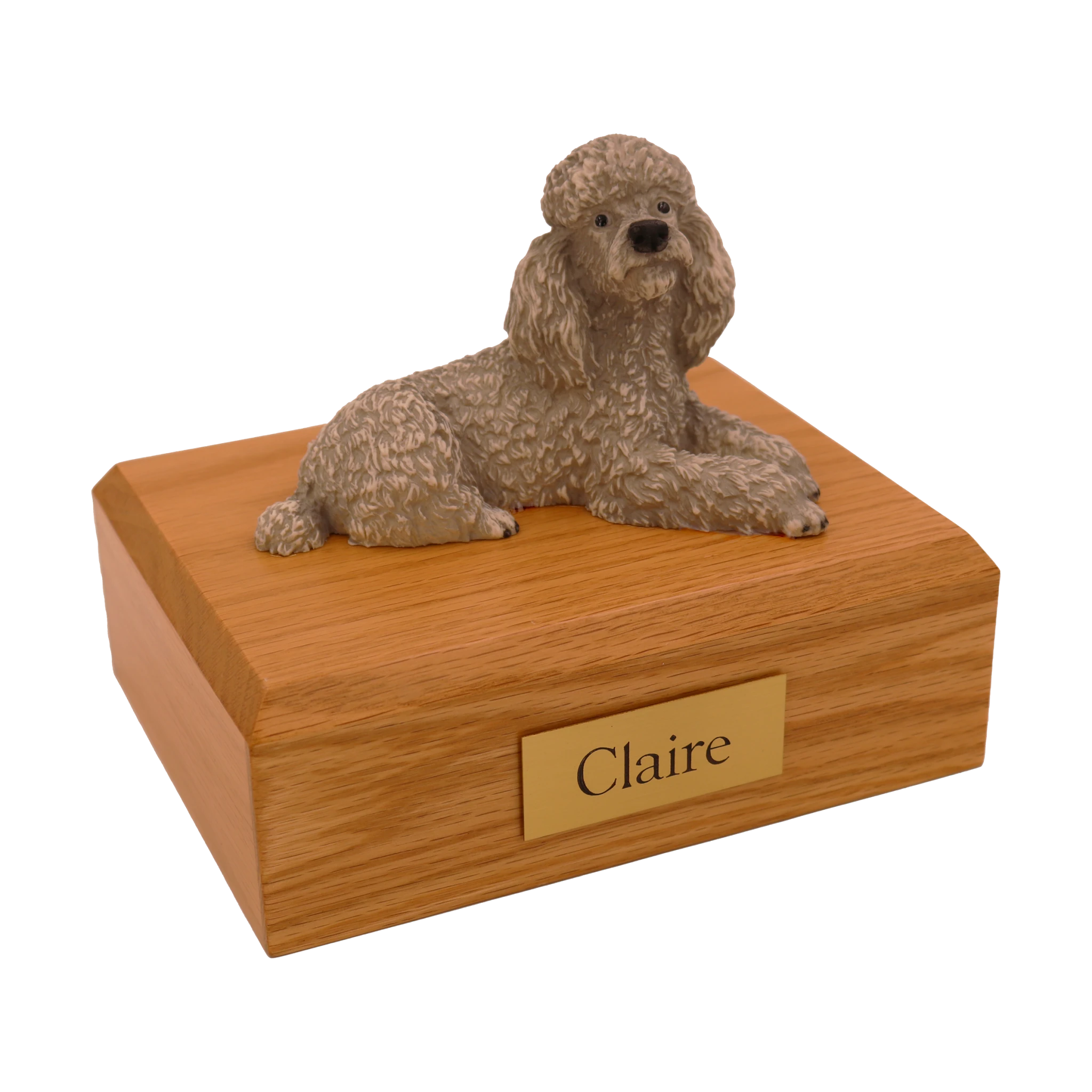 Poodle Cremation Urn | Gray Resin Figurine on Hardwood Base | Funeral ...