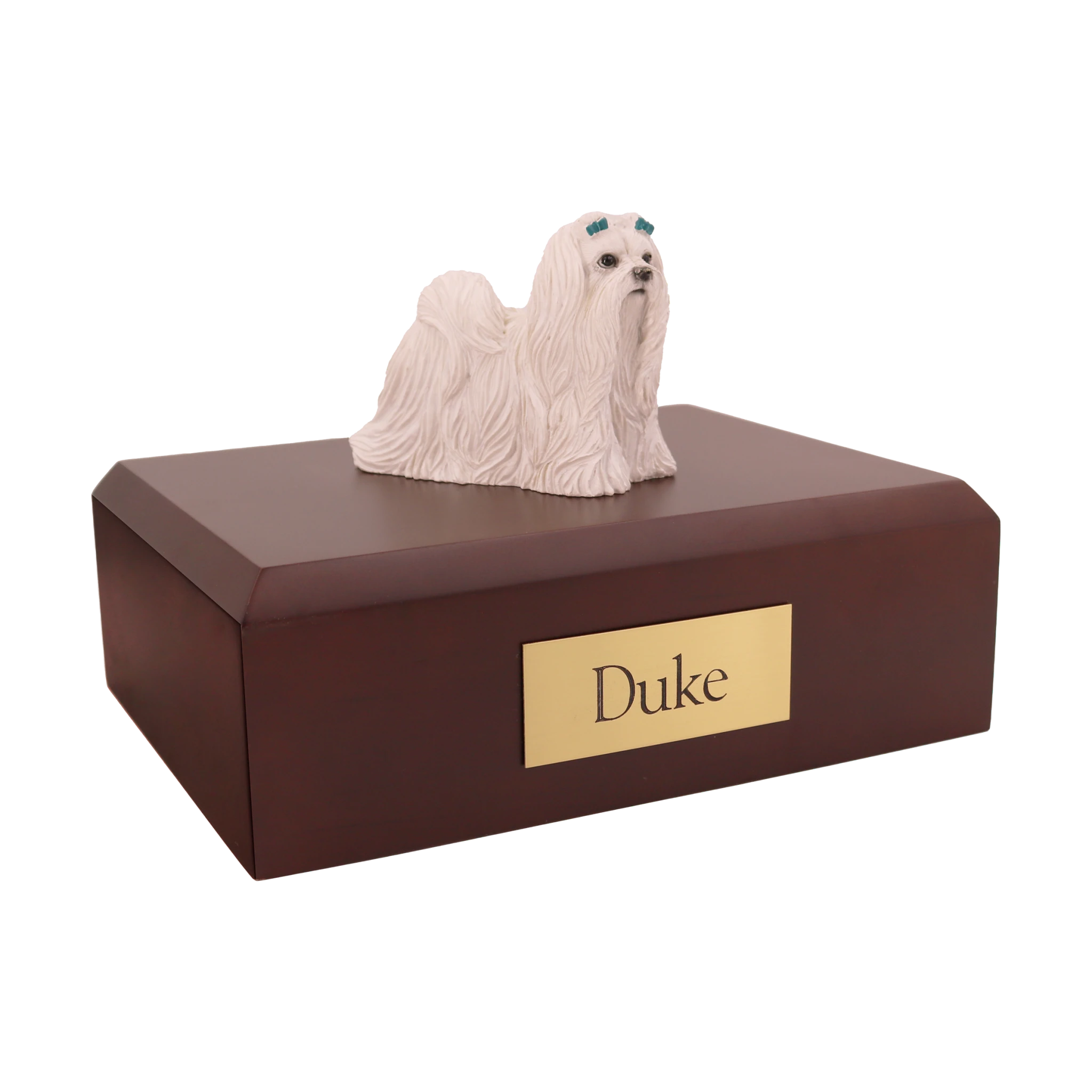 White Maltese Urn with Blue Bows | Standing Figurine Pet Memorial ...