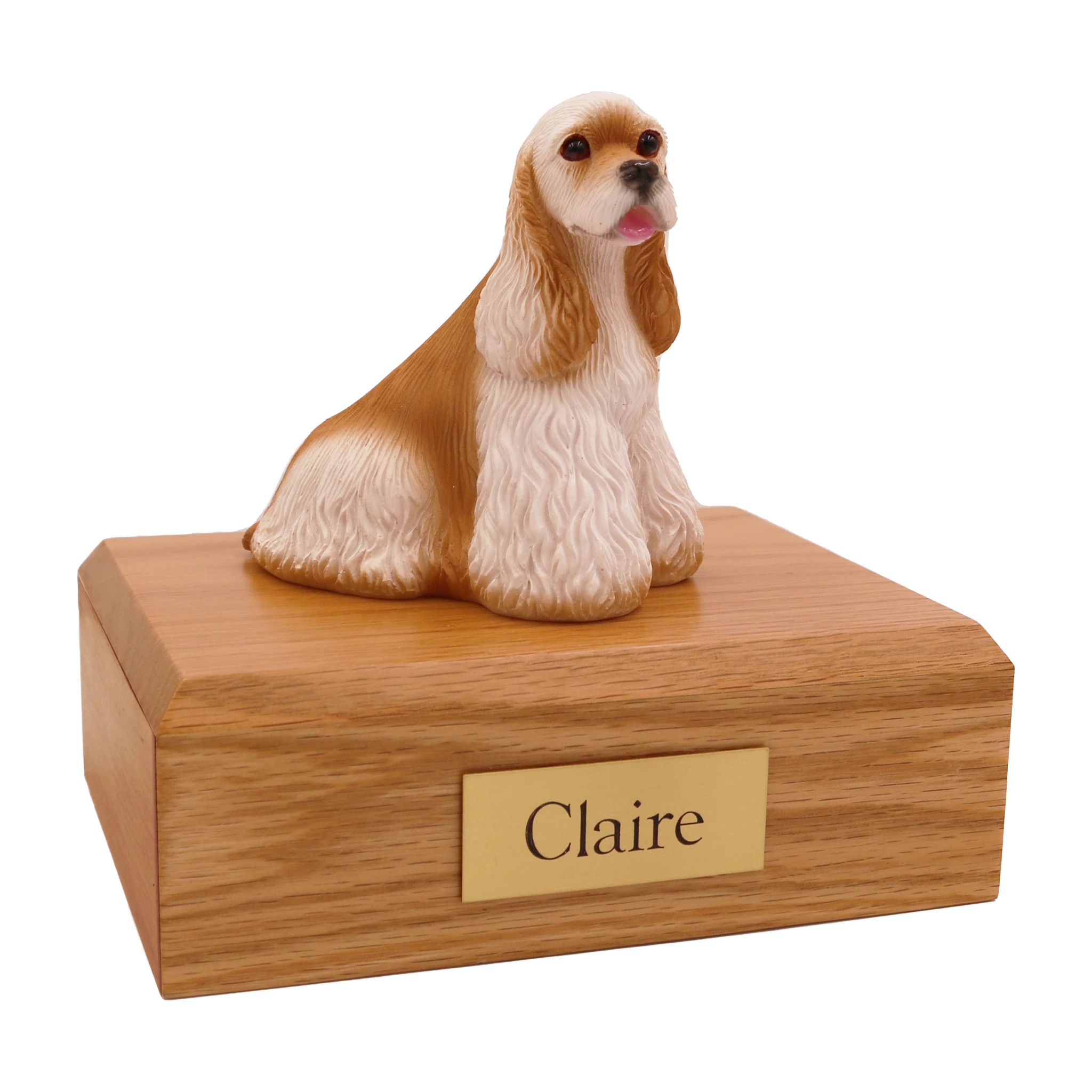 Tan & White Cocker Spaniel Sitting Figurine Pet Urn | Resin & Hardwood ...