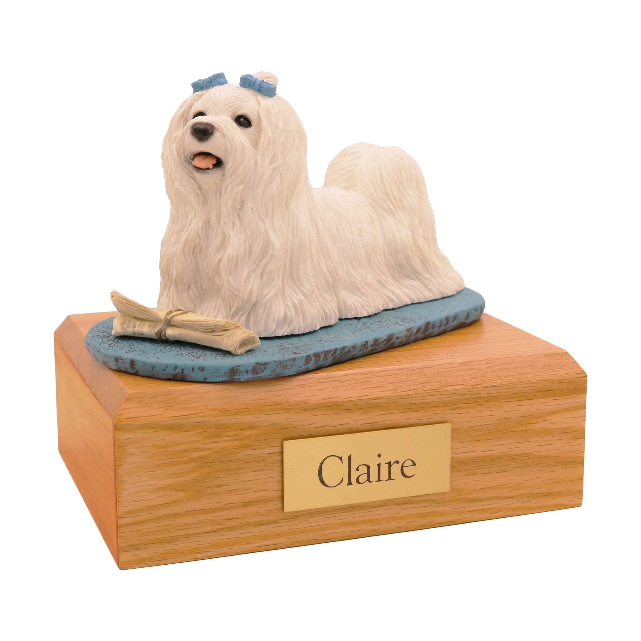 White Maltese Urn with Blue Bows | Standing Figurine Pet Memorial ...