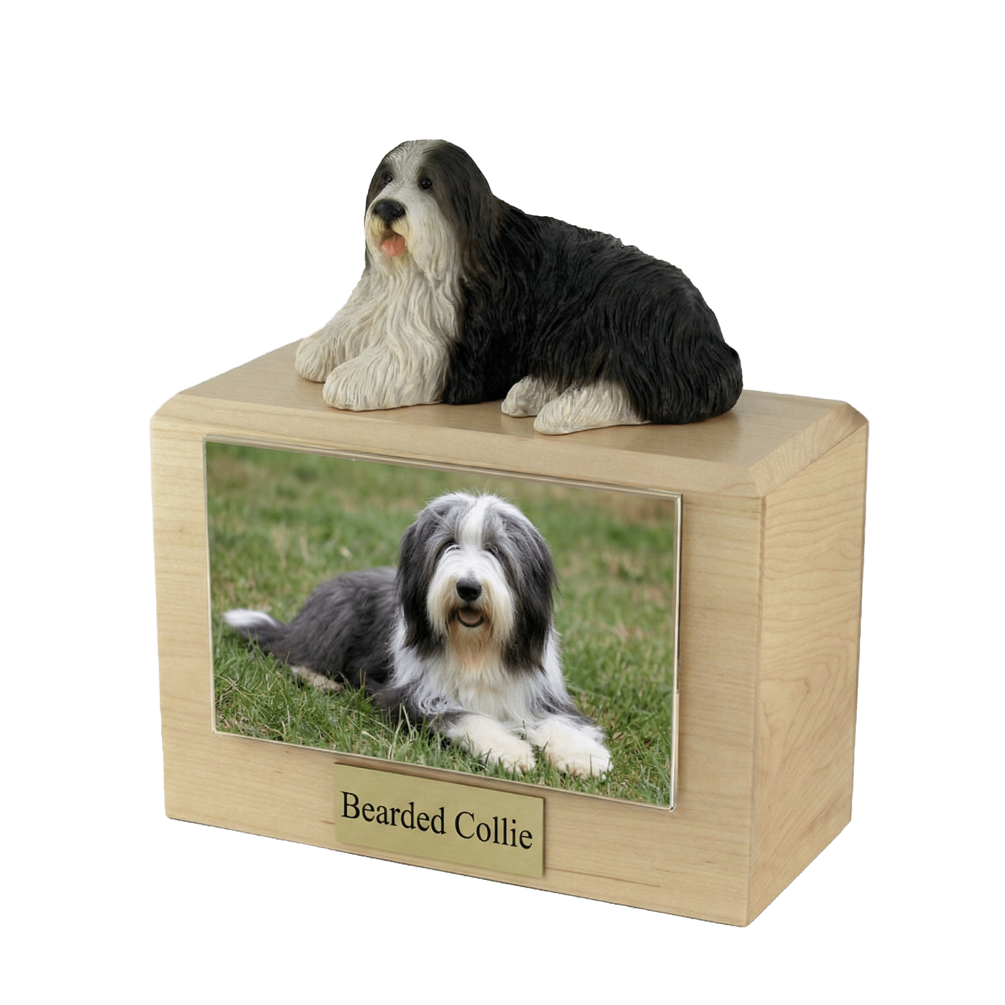 Wooden Pet Urn w/ Lying Down Bearded Collie Figurine & 4x6 Photo Holder ...