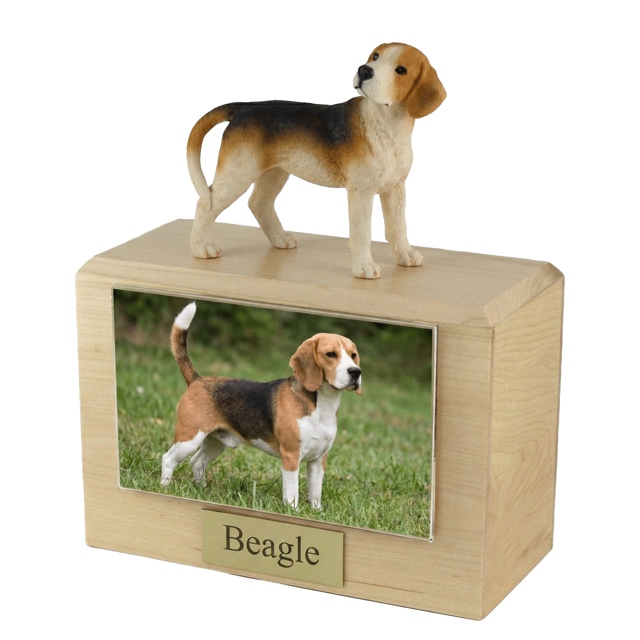 Wooden Pet Urn w/ Standing Beagle Figurine & 4x6 Photo Holder | Funeral ...