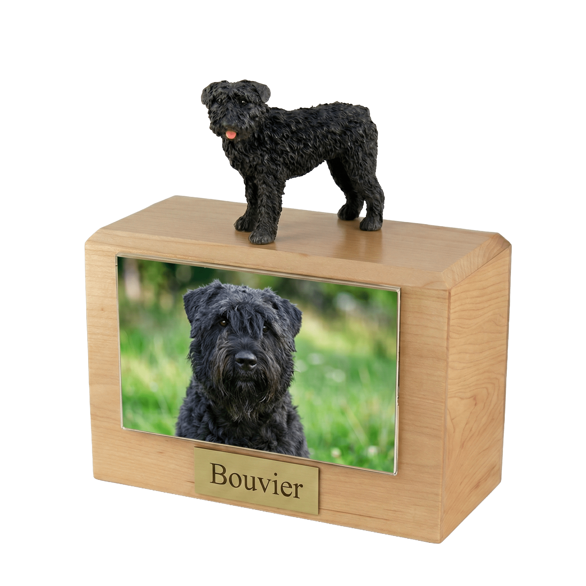 Wooden Pet Urn w/ Standing Bouvier Figurine & 4x6 Photo Holder ...